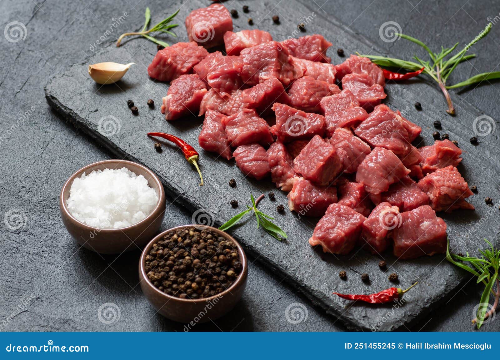 Diced Cubed Beef Meat on Stone Board Stock Image - Image of fillet ...