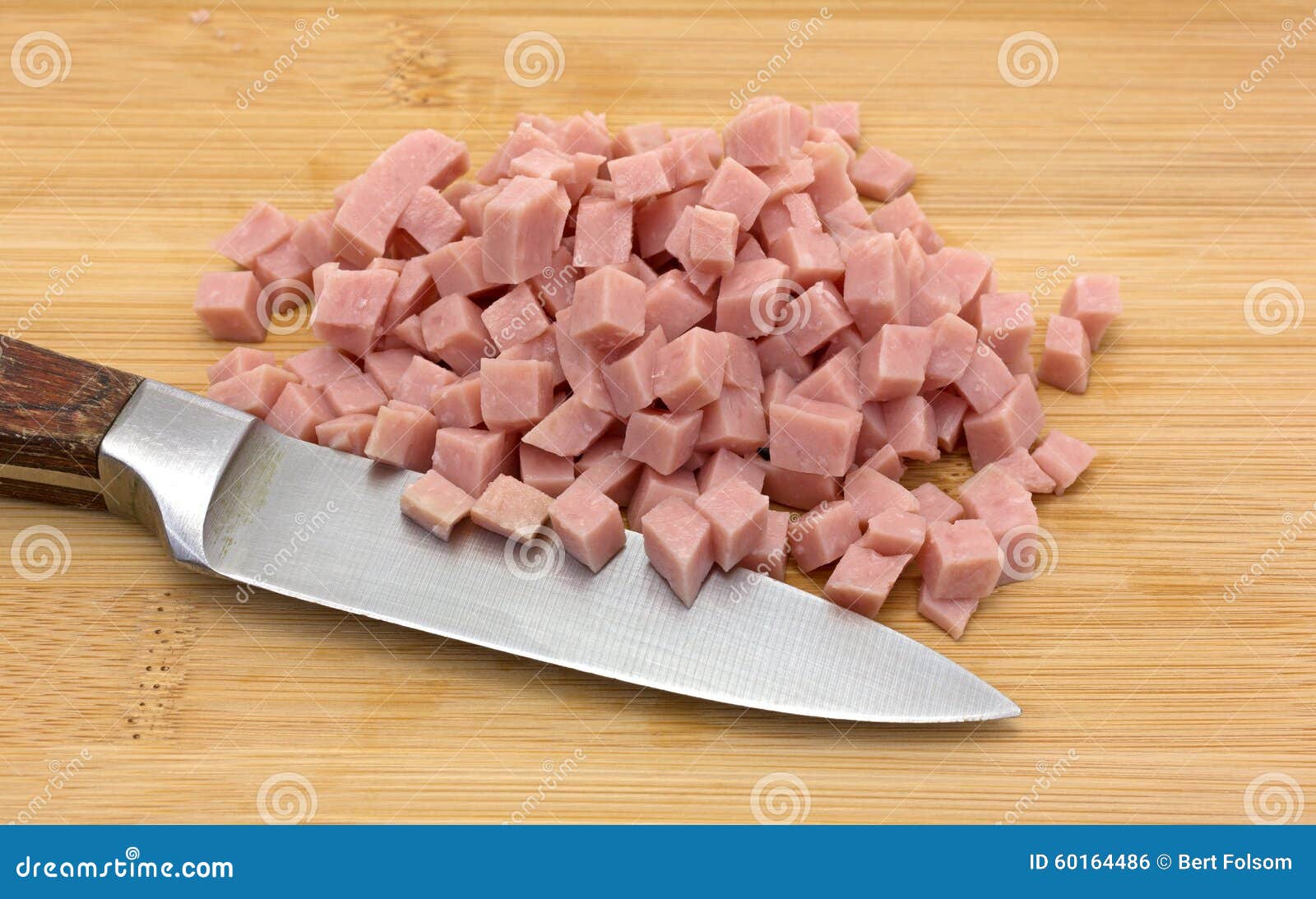 Diced Ham on a Wood Cutting Board with Knife Stock Photo - Image of ...