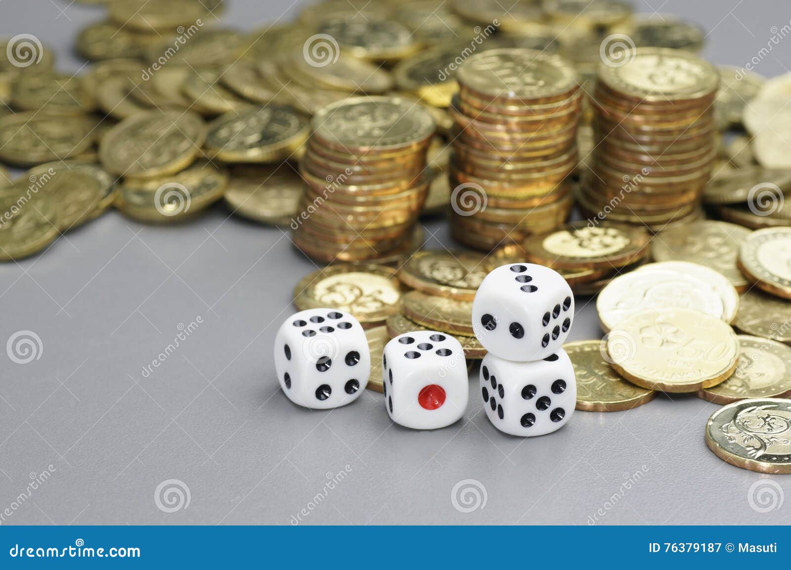 Dices and Gold coins stock image. Image of finance, number - 76379187