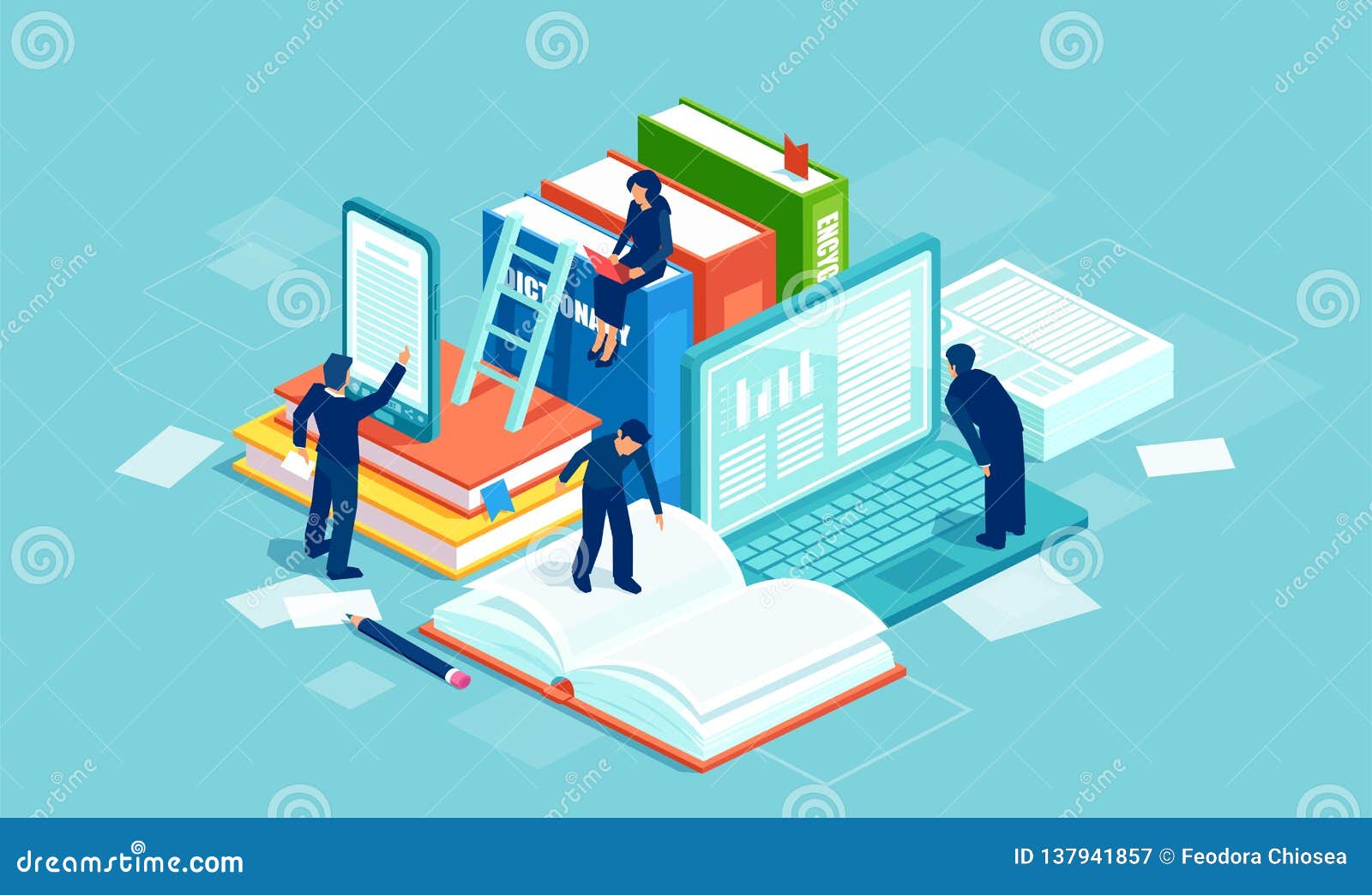 Literature and Digital Culture. Vector of People Reading Books Using ...