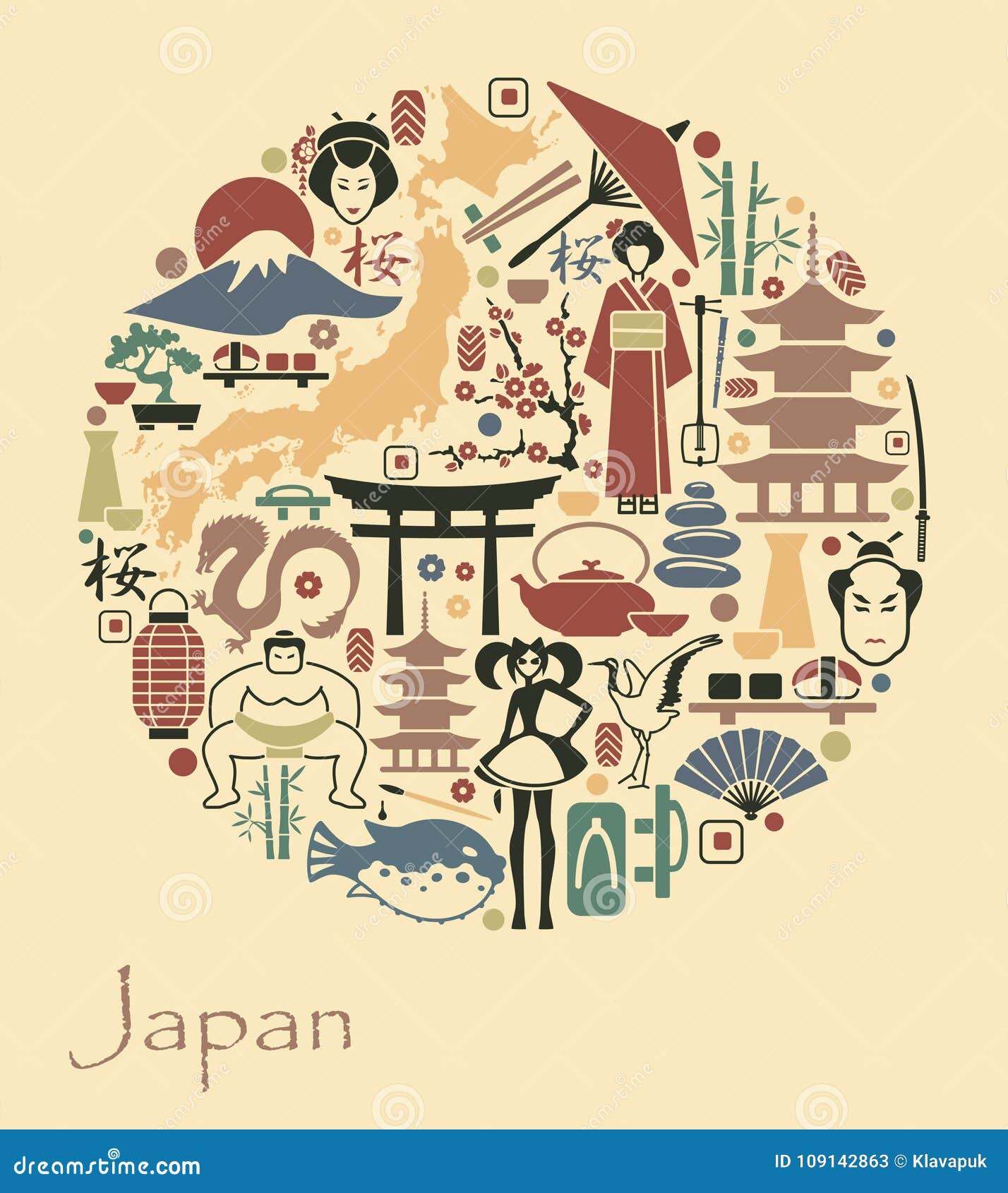 Die Symbole Von Japan in Form Eines Kreises Vektor Abbildung ...