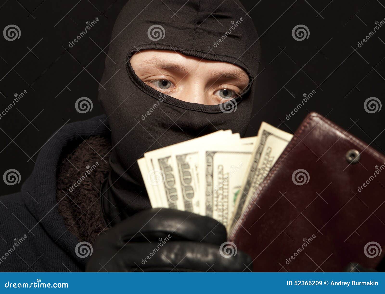 Dief met een beurs stock afbeelding. Image of dollar - 52366209