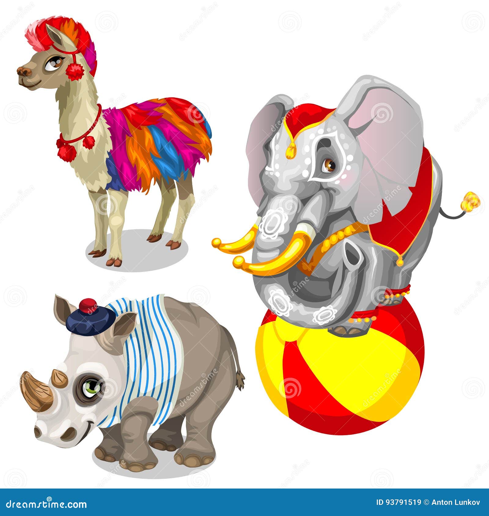 Dieren Van Circus, Lama, Olifant, Rinoceros Vector Illustratie ...
