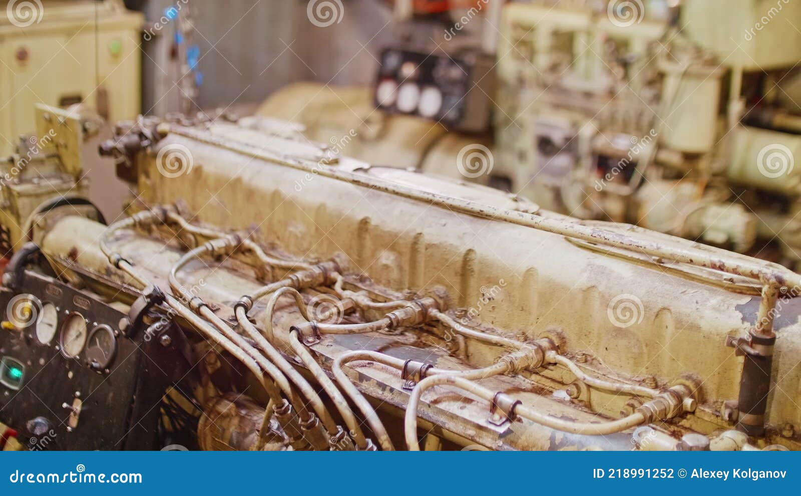 Diesel Generator and Black Dashboard in Engine Room of Old Tug. Stock ...