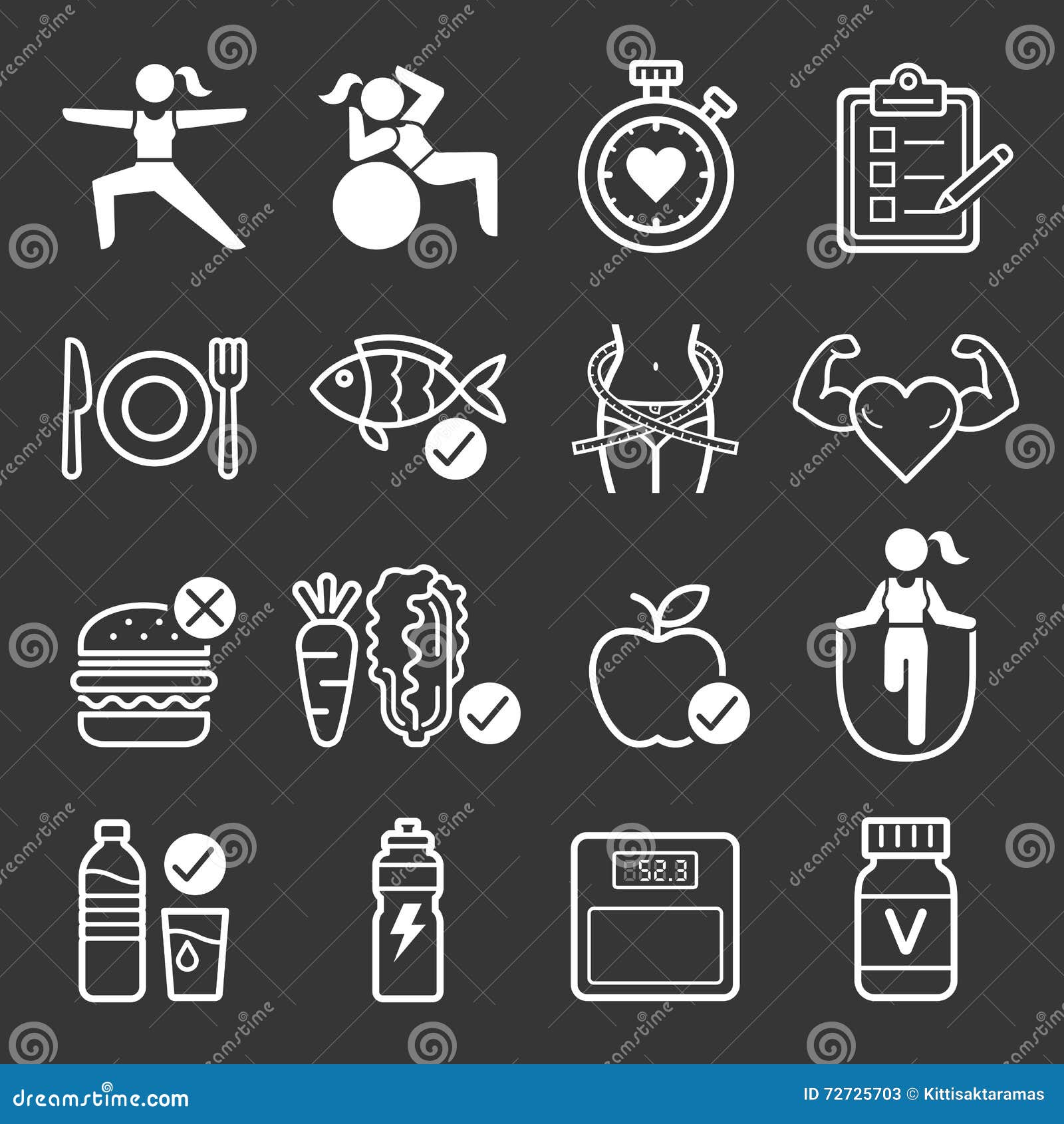 Diet and exercise icons. stock vector. Illustration of female - 72725703