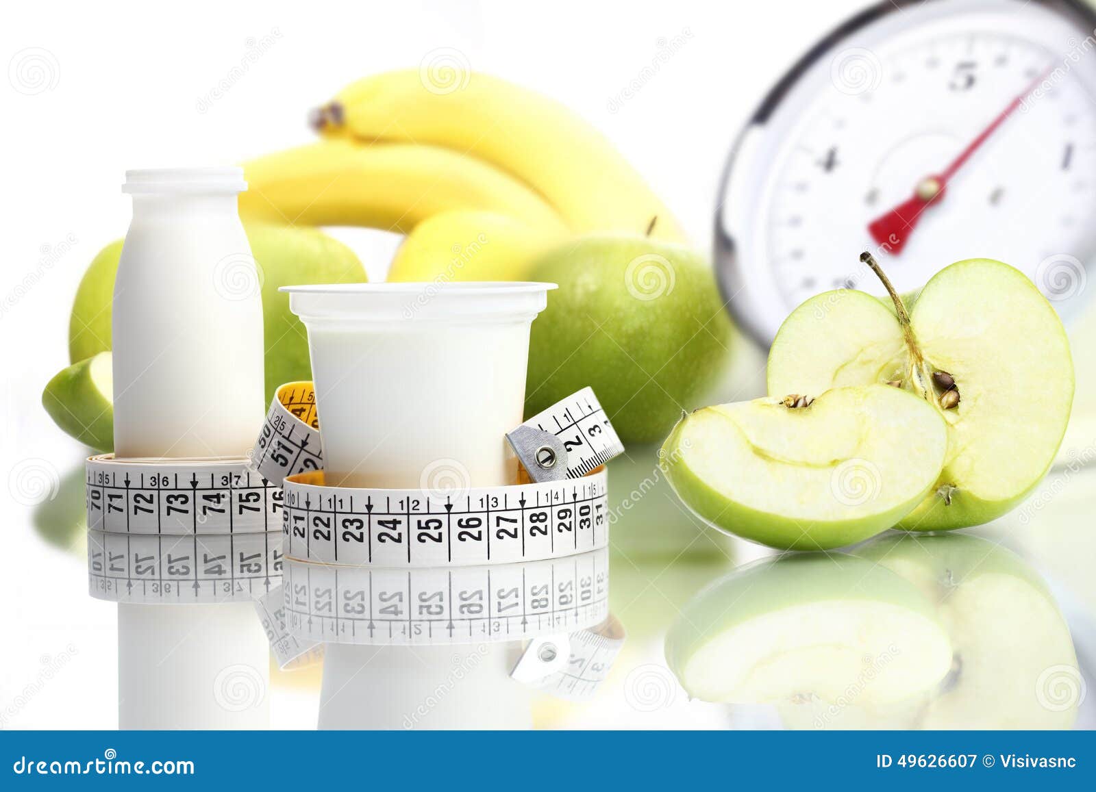 Diet Food Yogurt Fruit Apple Meter Scales Stock Image - Image of feed ...