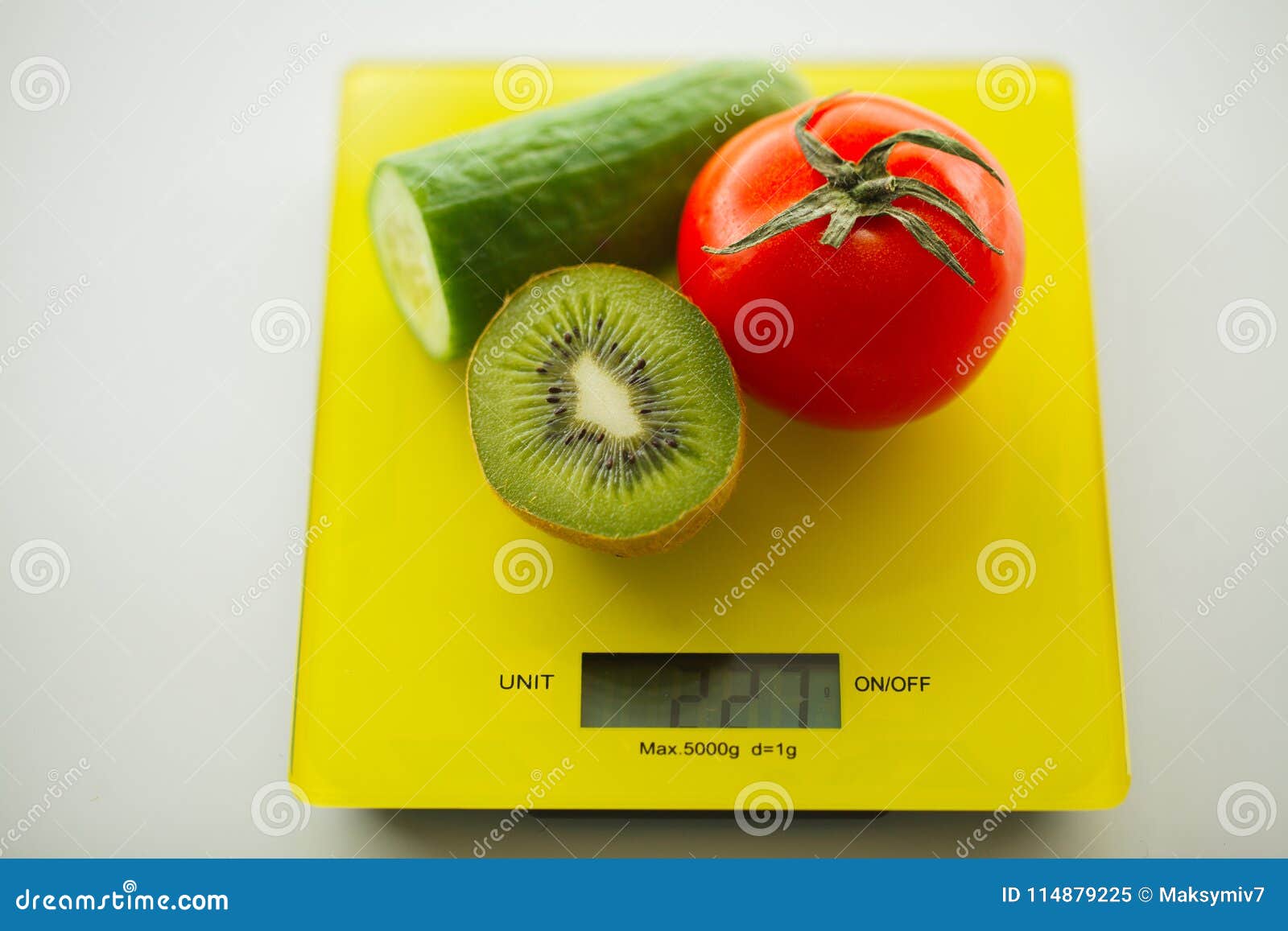 Diet. Fruits and Vegetables on Weight Scale Stock Image - Image of fork ...
