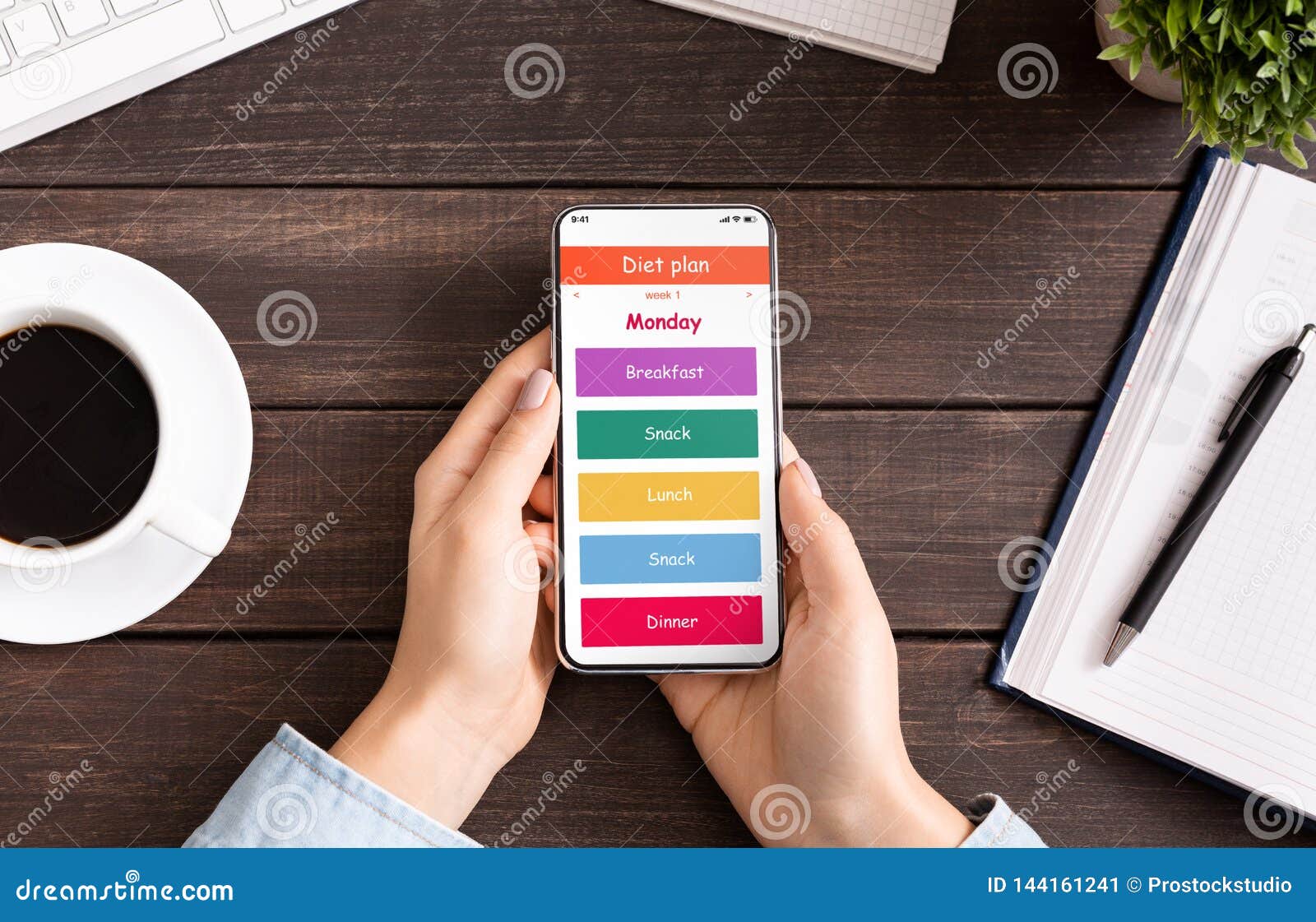 Diet Plan Application on Cellphone Screen in Female Hands Stock Image ...