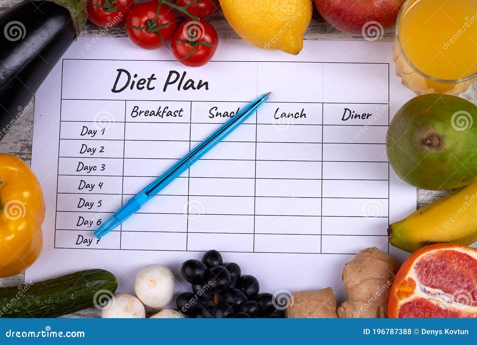 Diet plan sheet and pen. stock photo. Image of food - 196787388