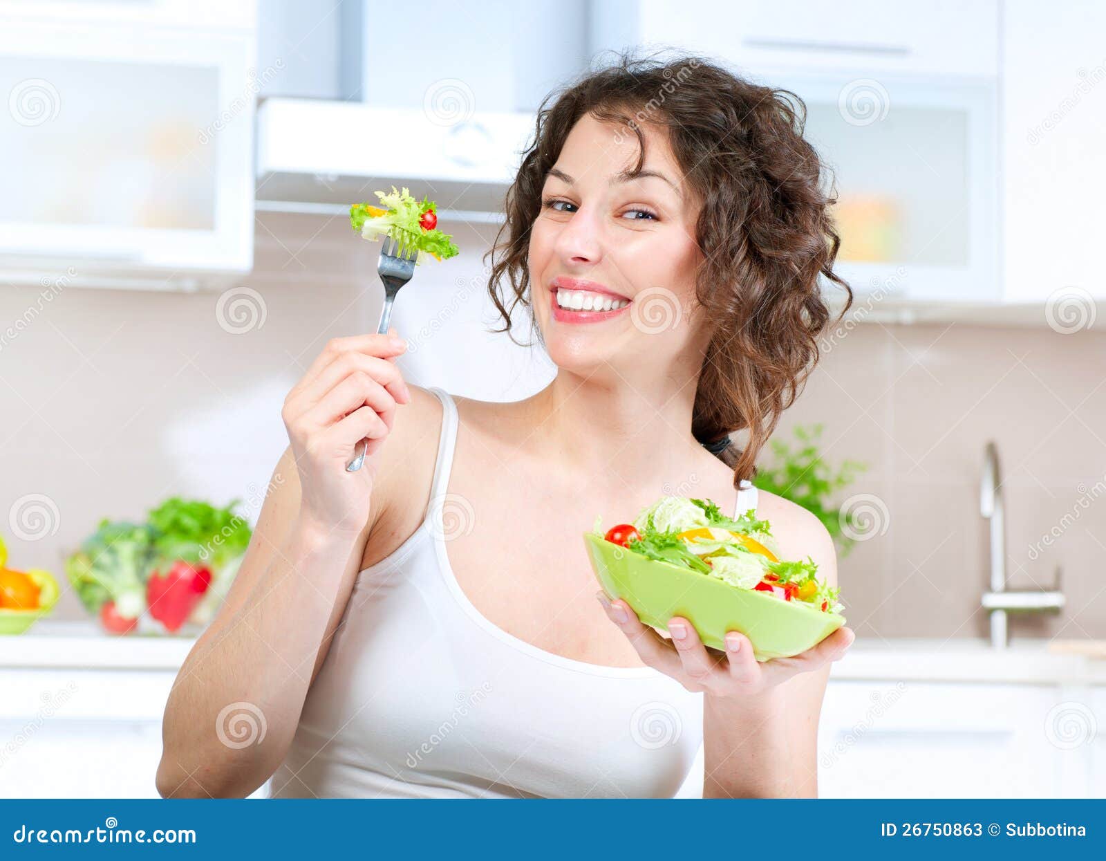 Diet Woman Eating Vegetable Salad Stock Image Image Of Interior