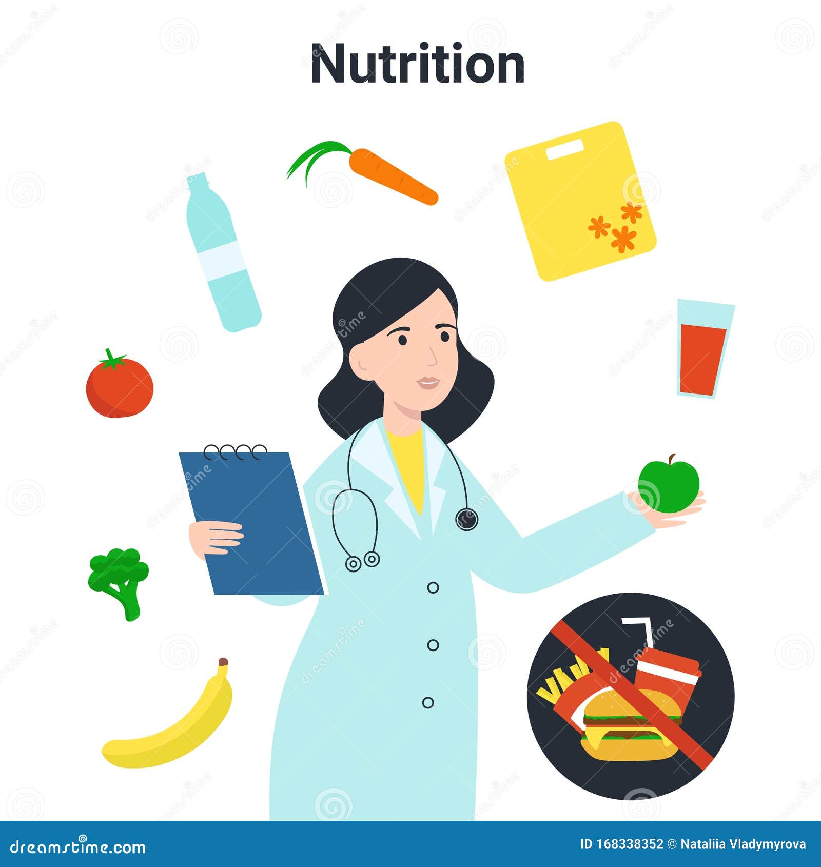 Dietolog Woman With Apple And Icons Food Around Stock Vector