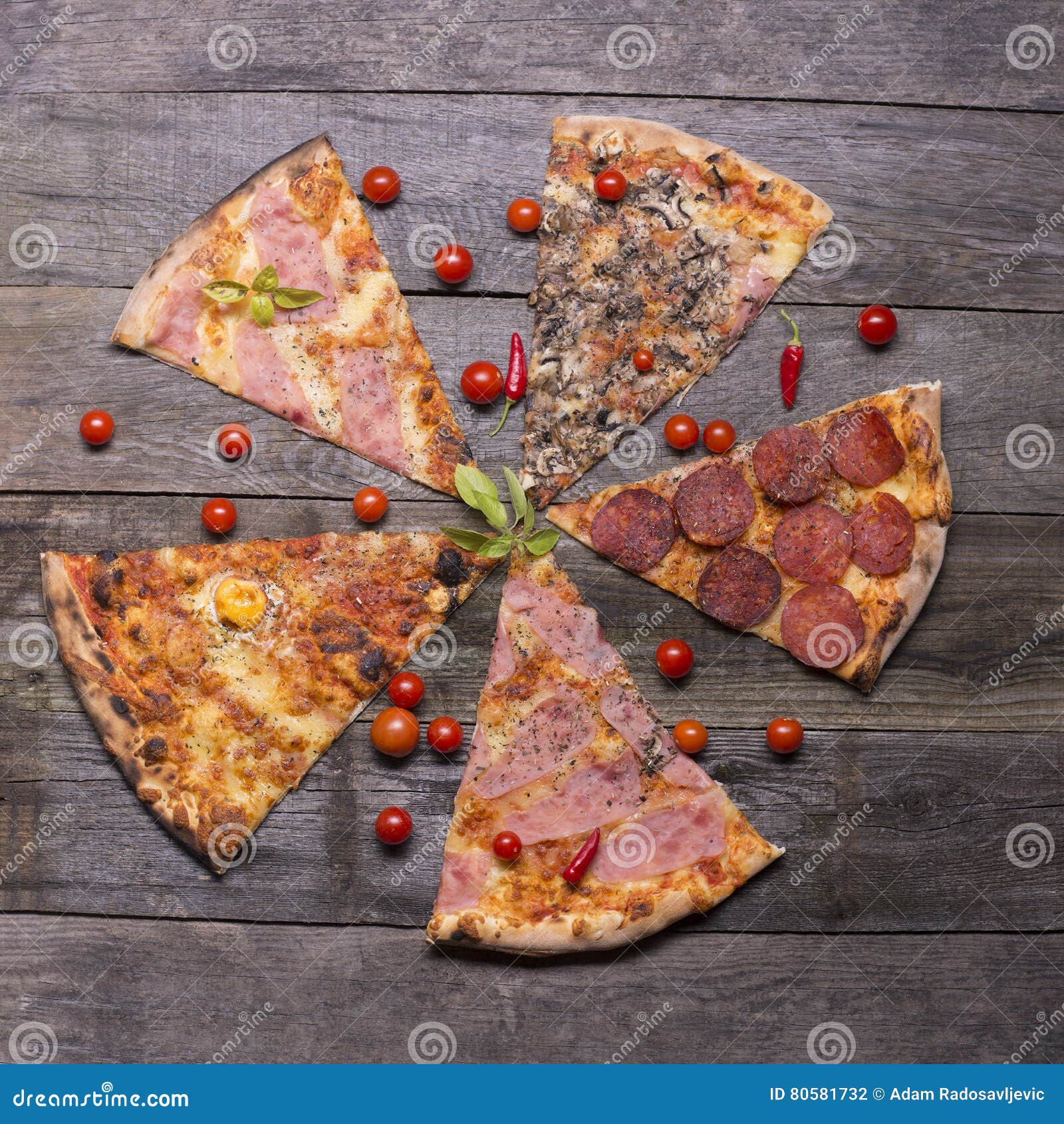 Diferent Pizza Parts on Table Stock Photo - Image of slice, vegetables ...