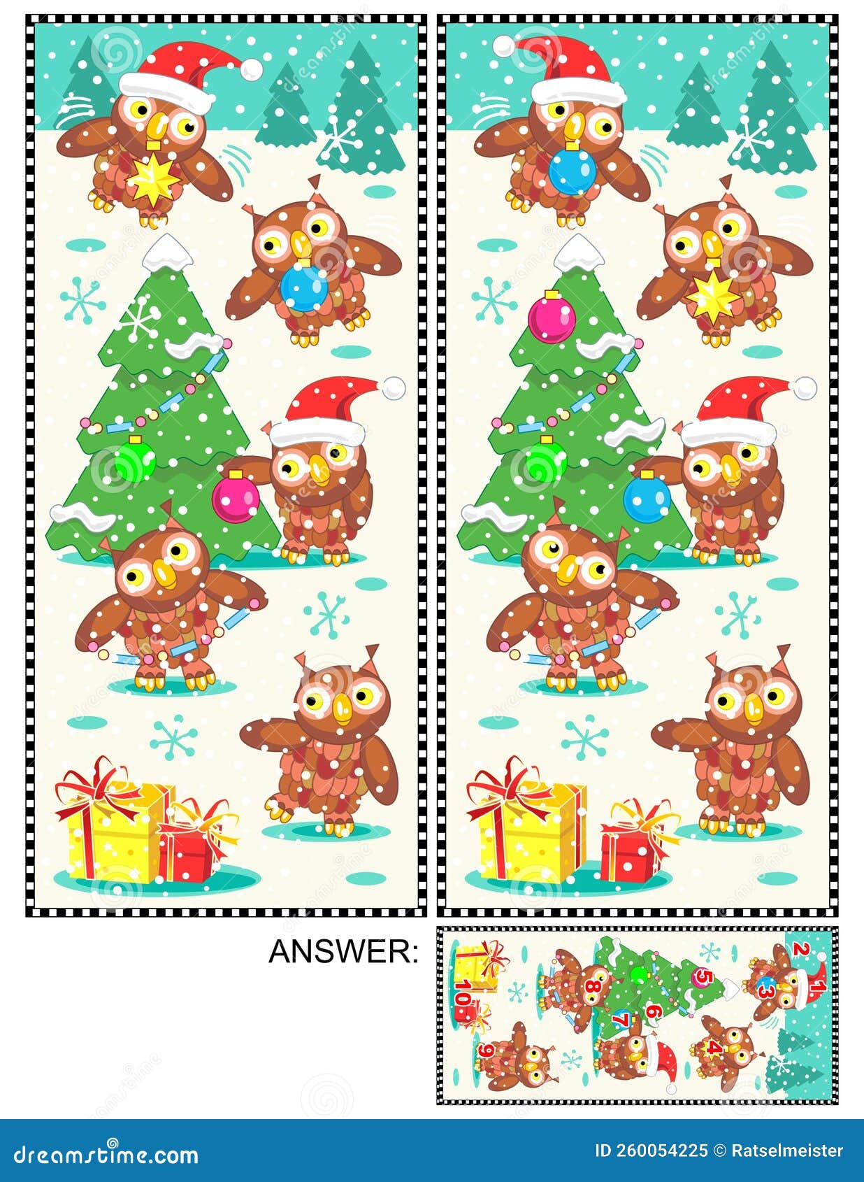 Difference Game with Owls Decorating Fir Tree for Winter Holidays. Answer Included Stock Image ...
