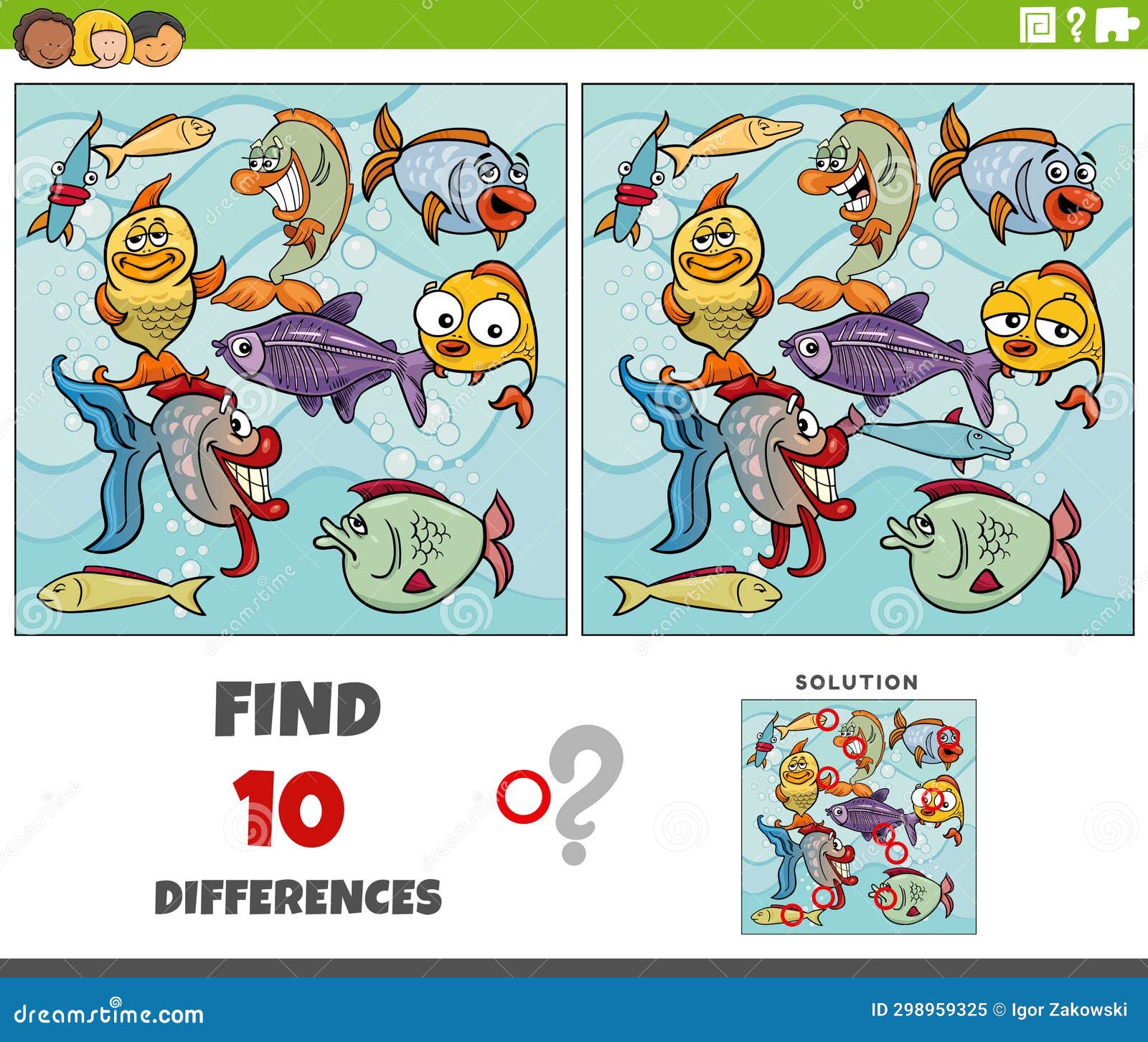Differences Activity with Cartoon Fish Animal Characters Stock ...