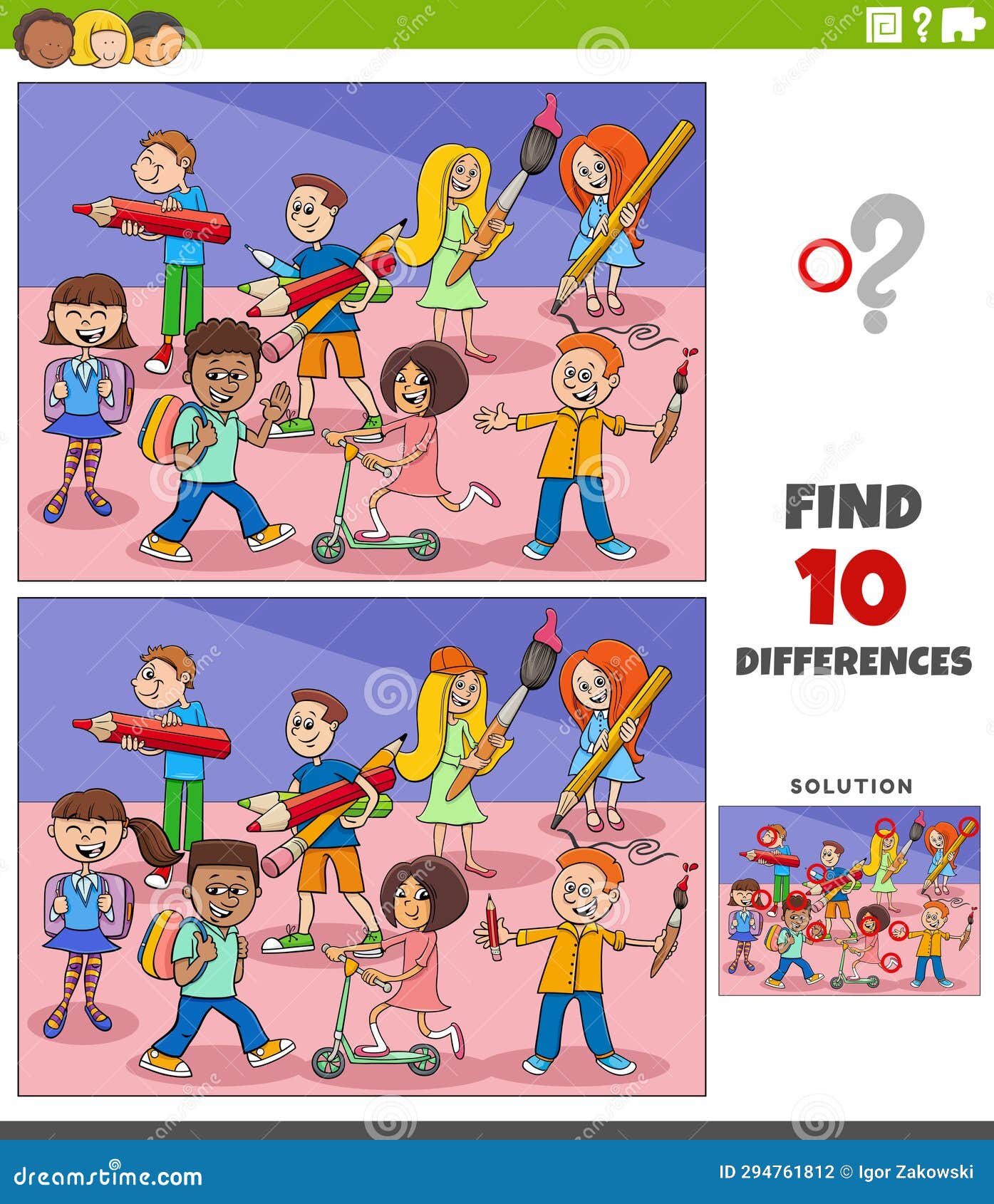 Differences Activity with Cartoon Pupils Children Characters Stock ...