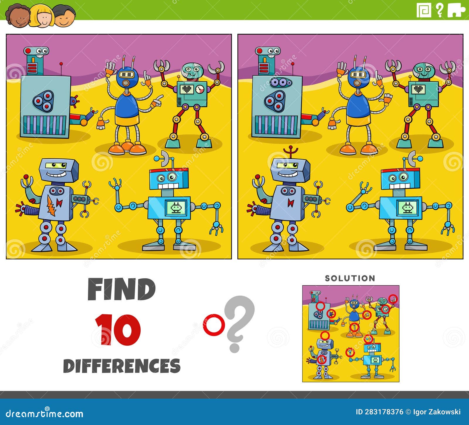 Differences Activity with Cartoon Robots Characters Stock Vector - Illustration of worksheet ...