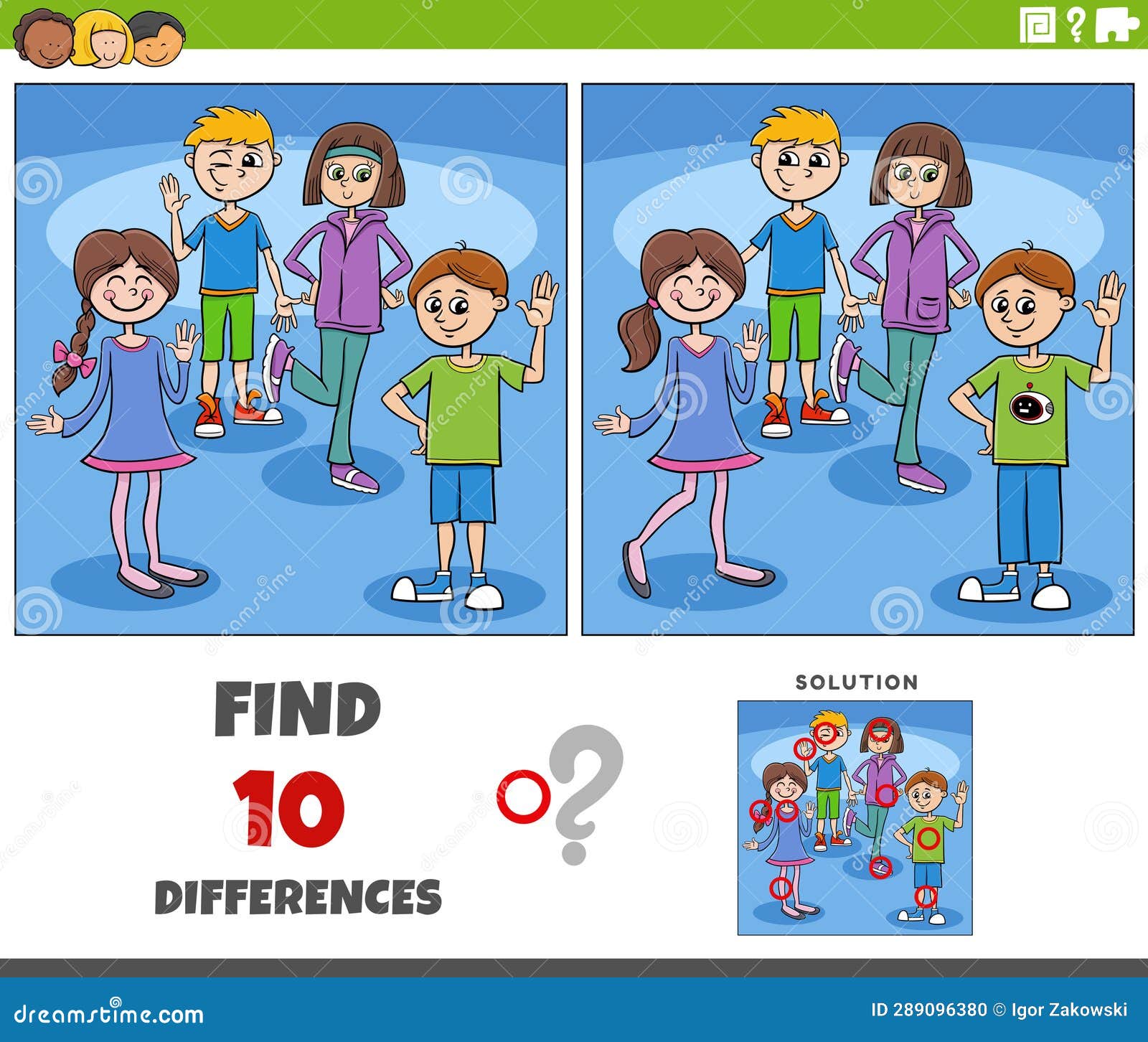 Differences Activity with Cartoon School Children Characters Stock ...