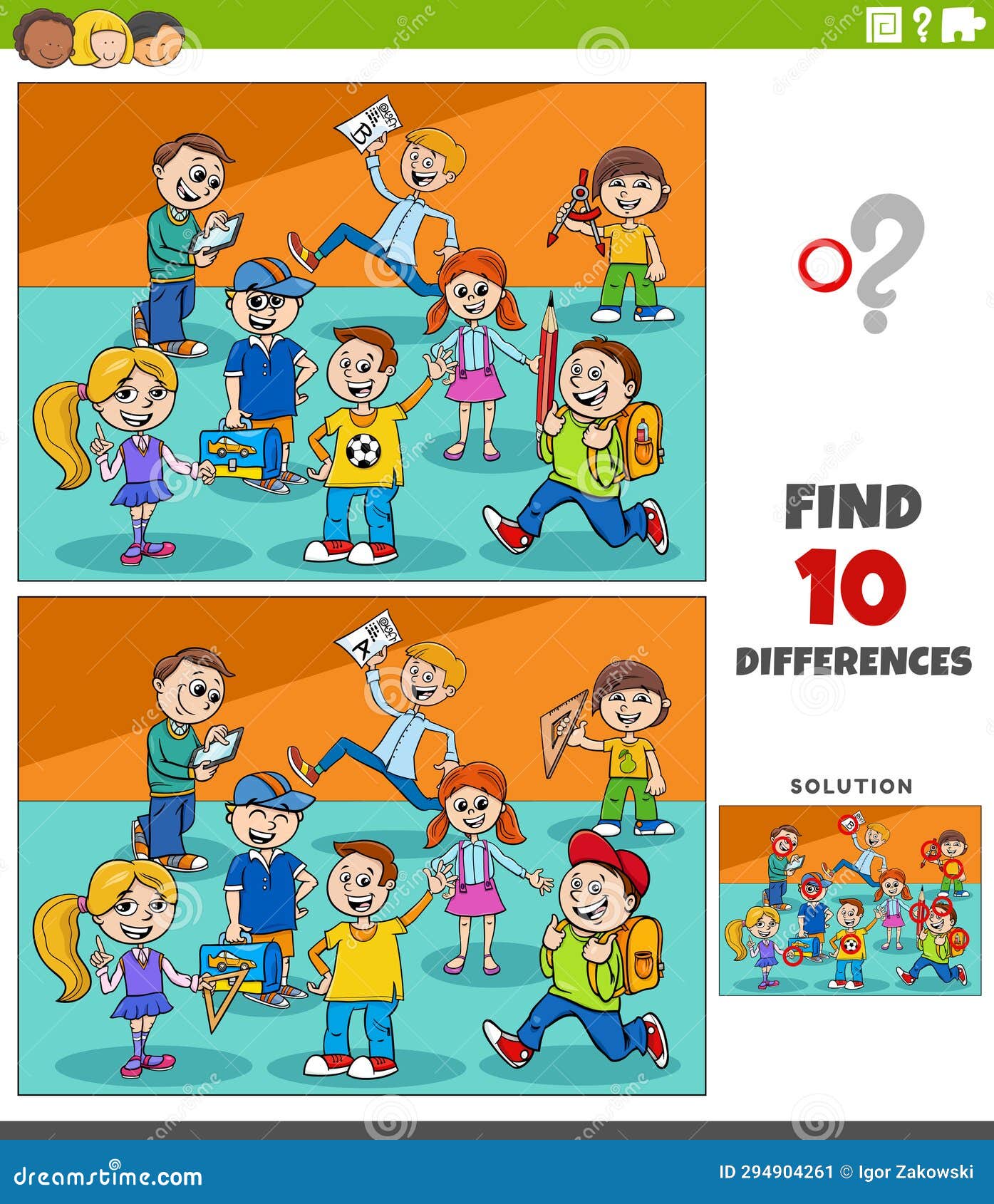 Differences Activity with Cartoon School Pupils Characters Stock Vector ...