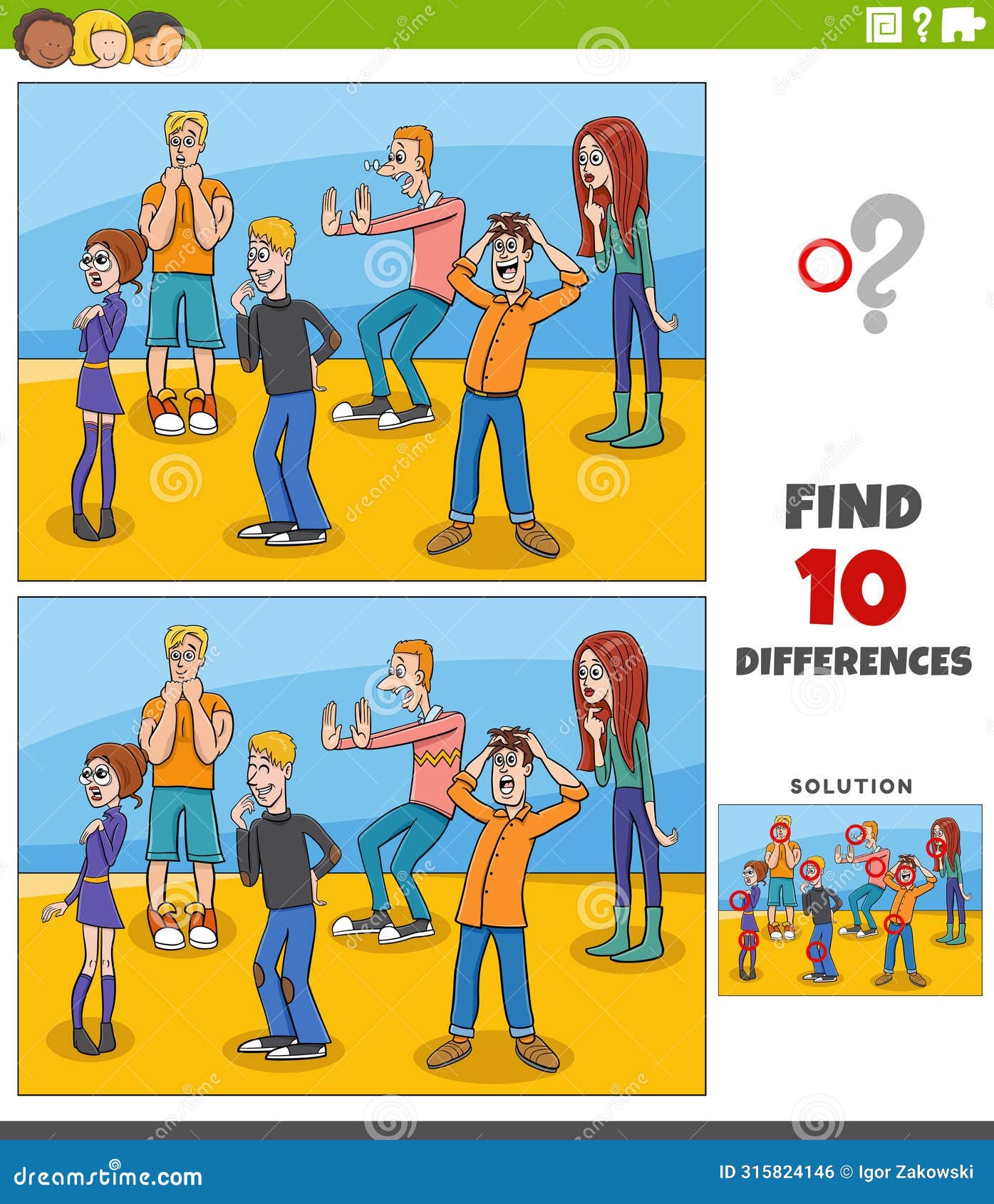 Differences Activity with Cartoon Surprised Young People Group Stock ...