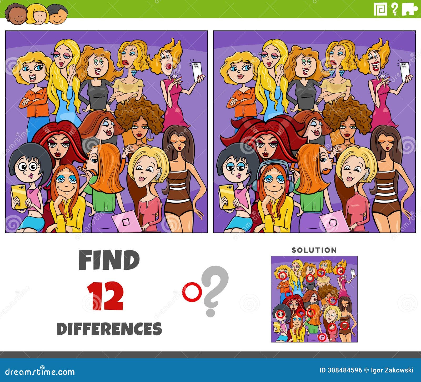 Differences Activity with Cartoon Women Characters Group Stock Vector ...