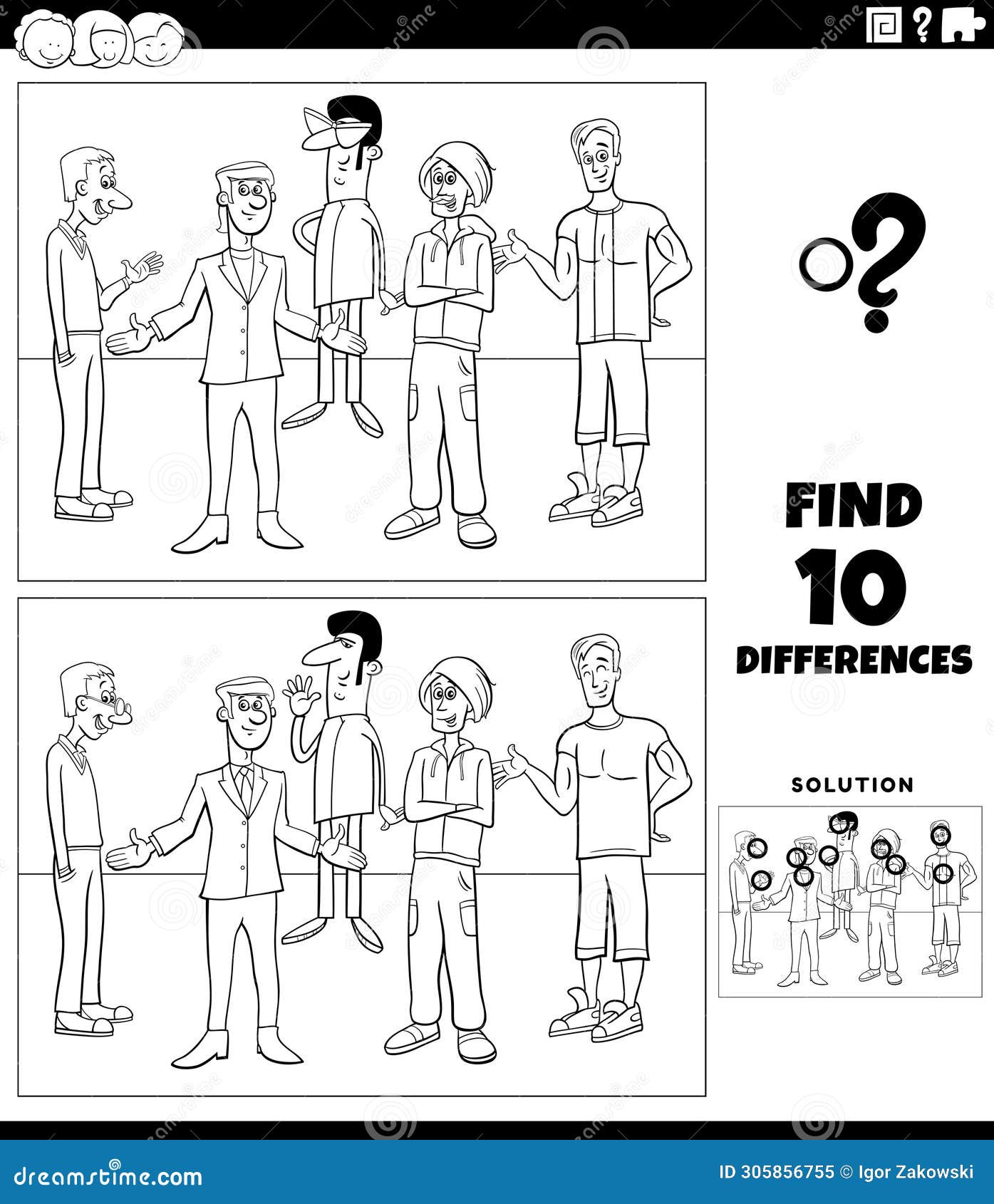 Differences Activity with Cartoon Young Men Coloring Page Stock Vector ...
