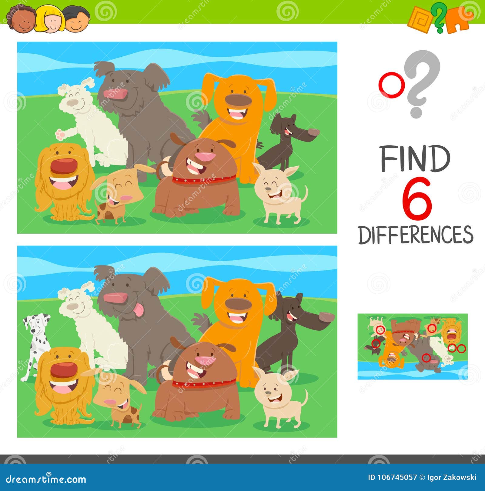 Differences Activity Game with Cartoon Dogs Stock Vector - Illustration ...
