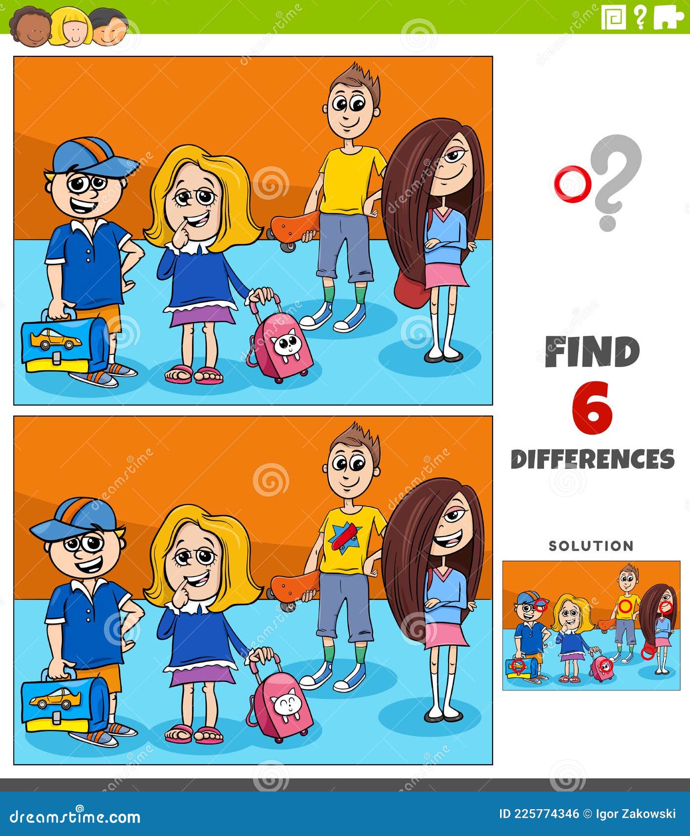 Differences Educational Game with Elementary School Kids Stock Vector ...