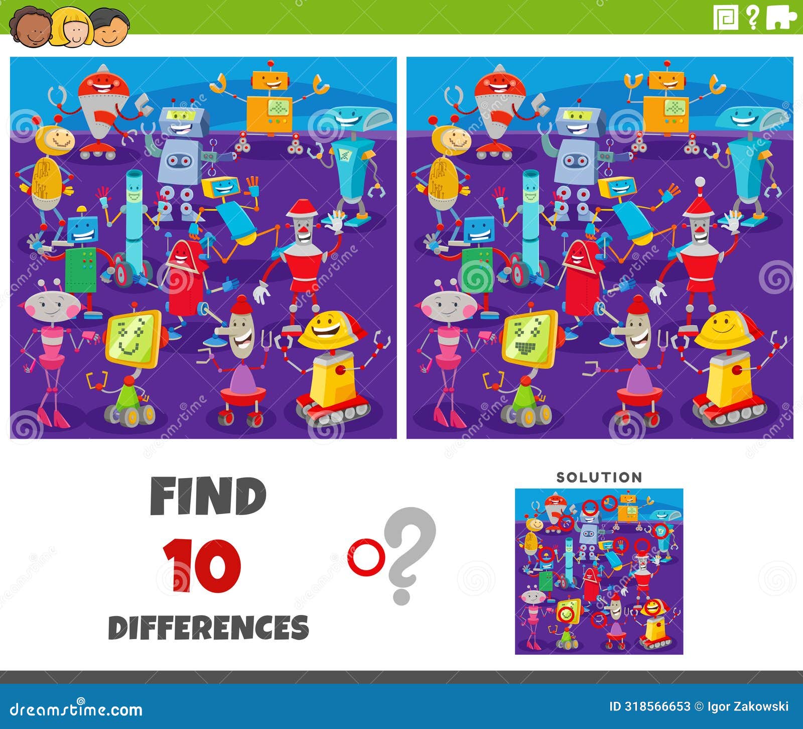 Differences Game with Cartoon Robot Characters Group Stock Illustration ...