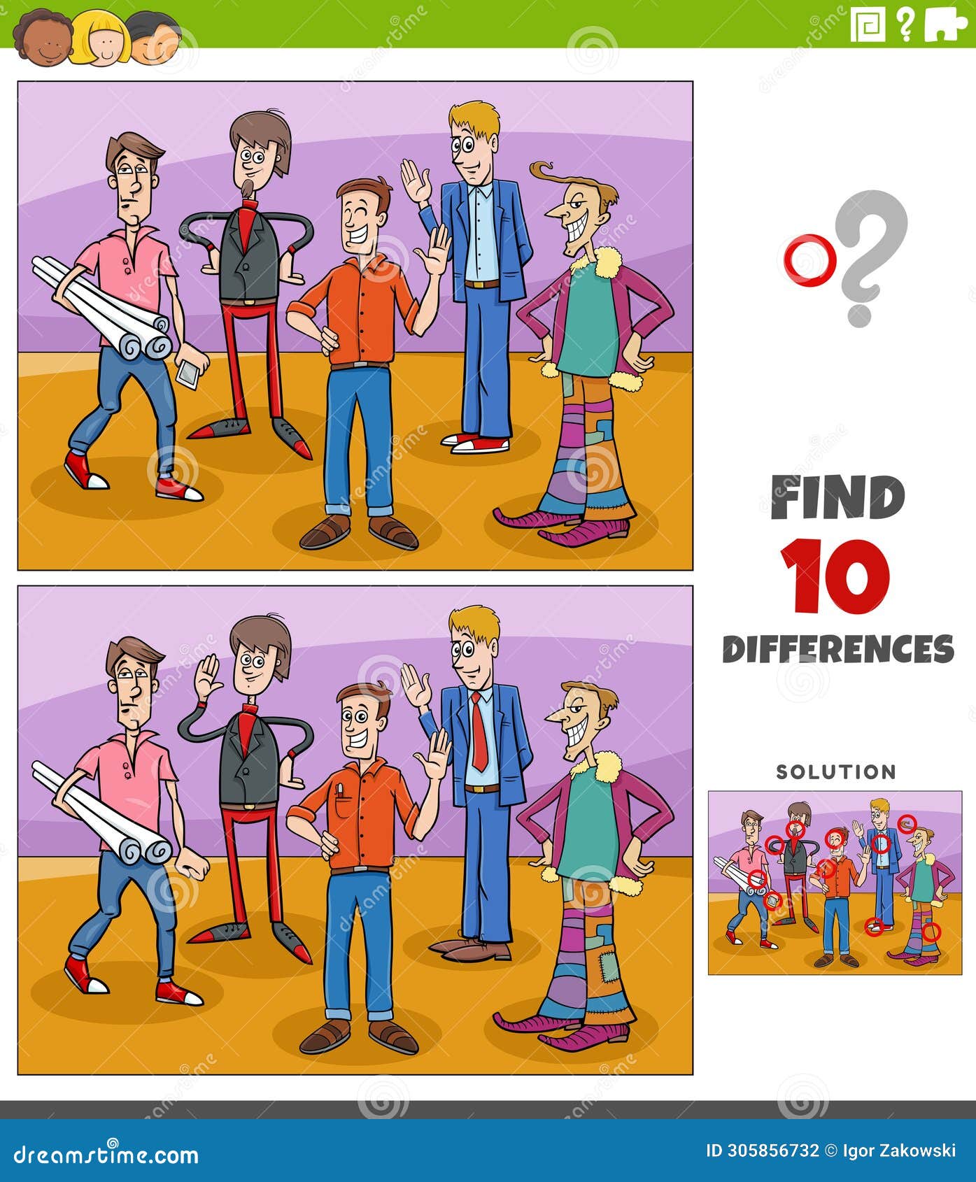 Differences Game with Cartoon Young Men Group Stock Illustration ...