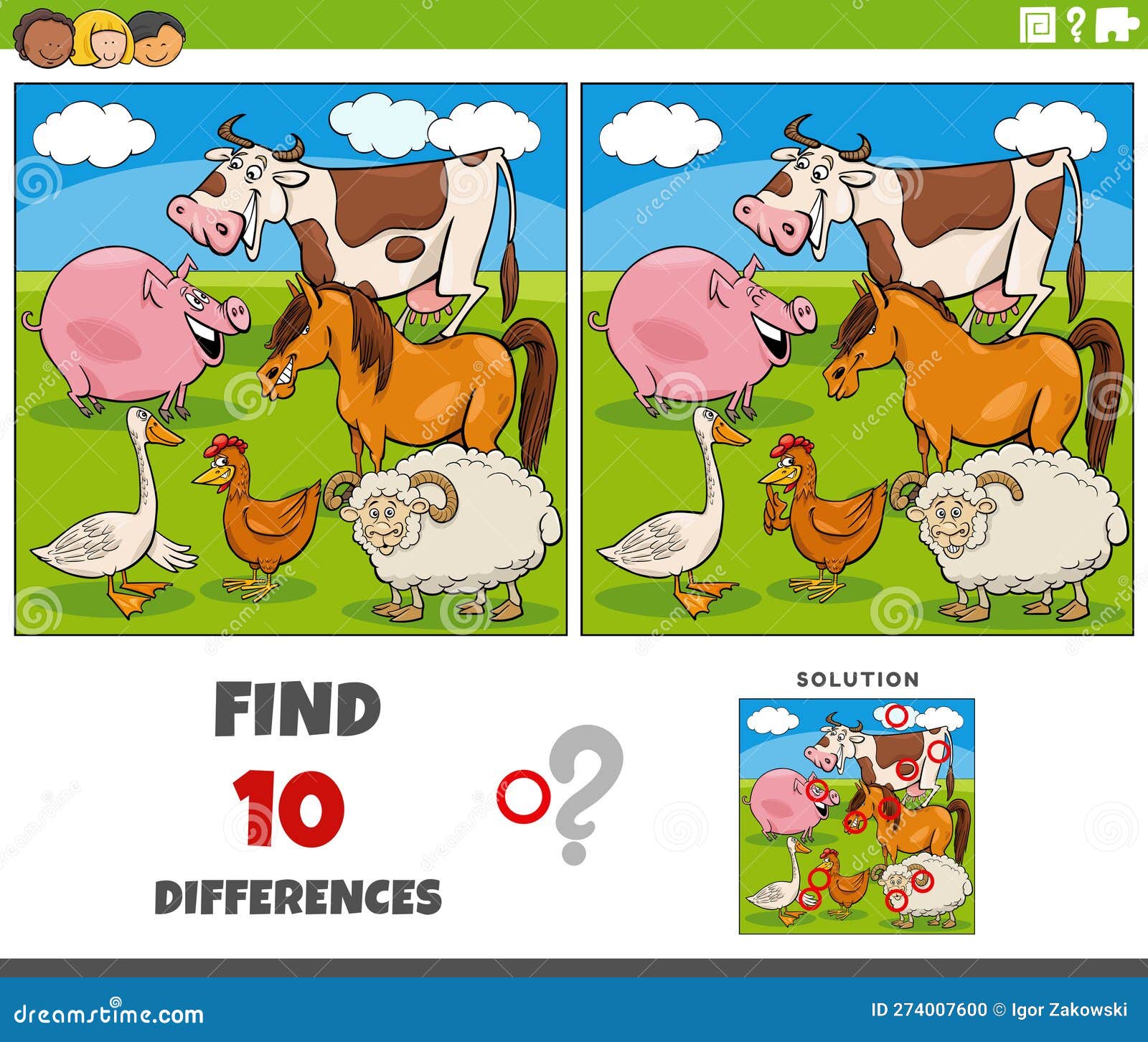Differences Task with Cartoon Farm Animal Characters Stock Vector ...
