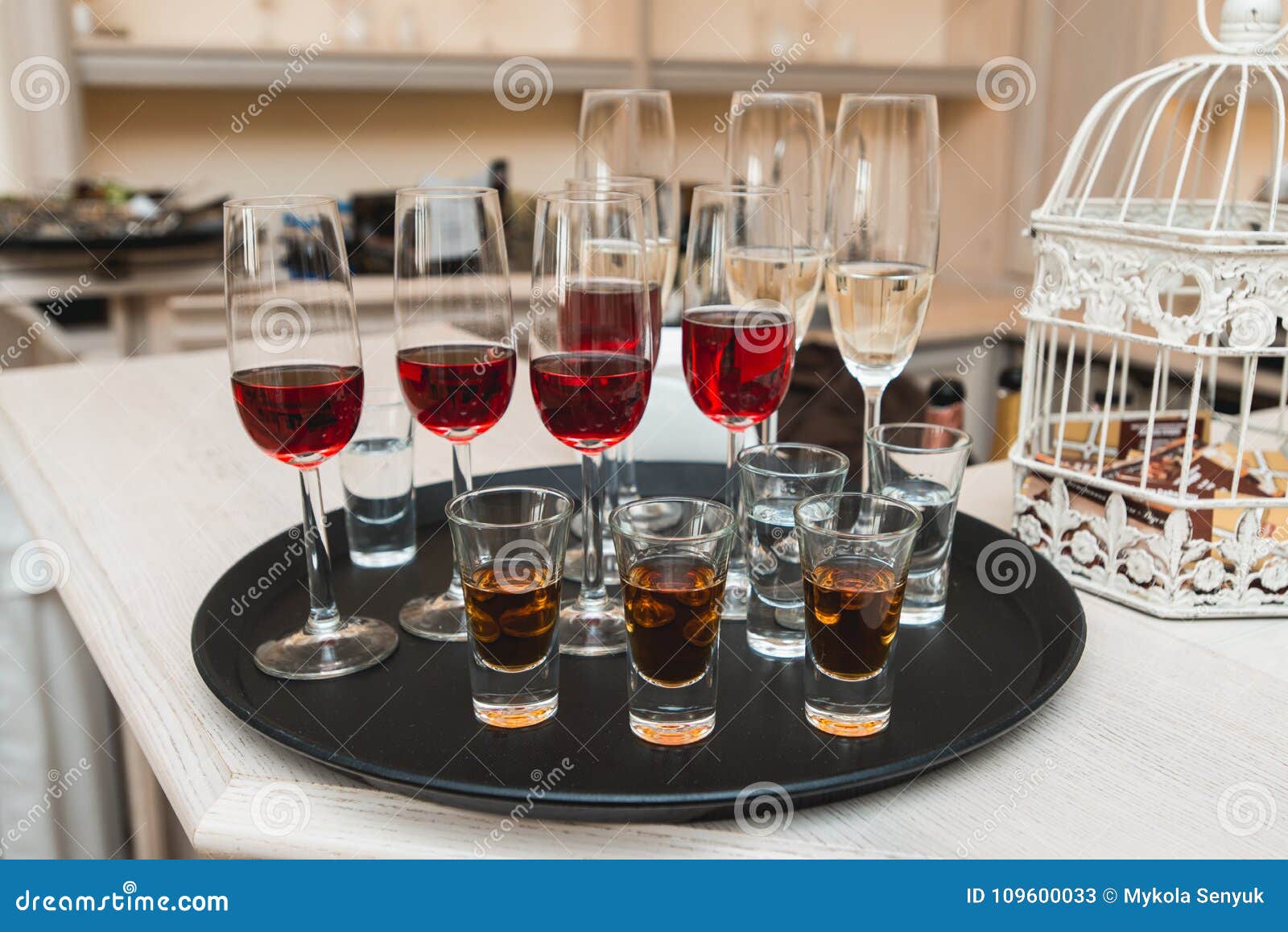 Different Alcohol Drinks on a Tray. Wine, Champagne, Cognac, Vodka ...