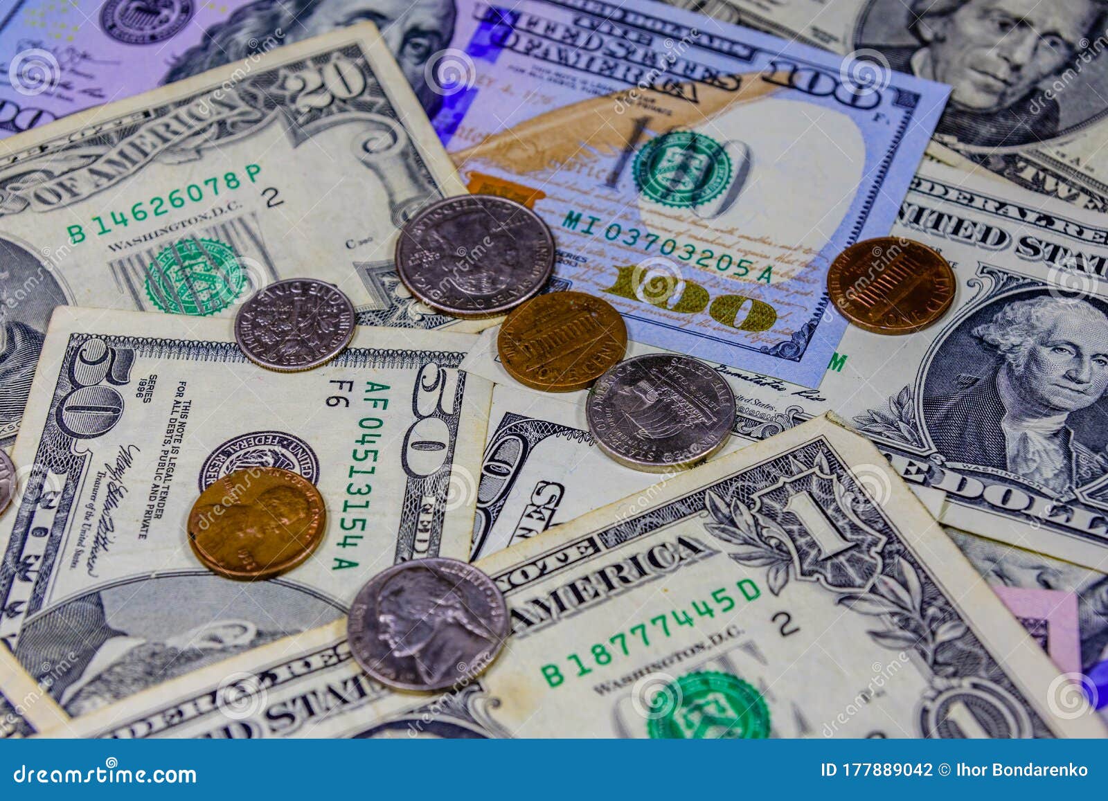 Different American Cent Coins Over the Dollar Banknotes Stock Photo ...