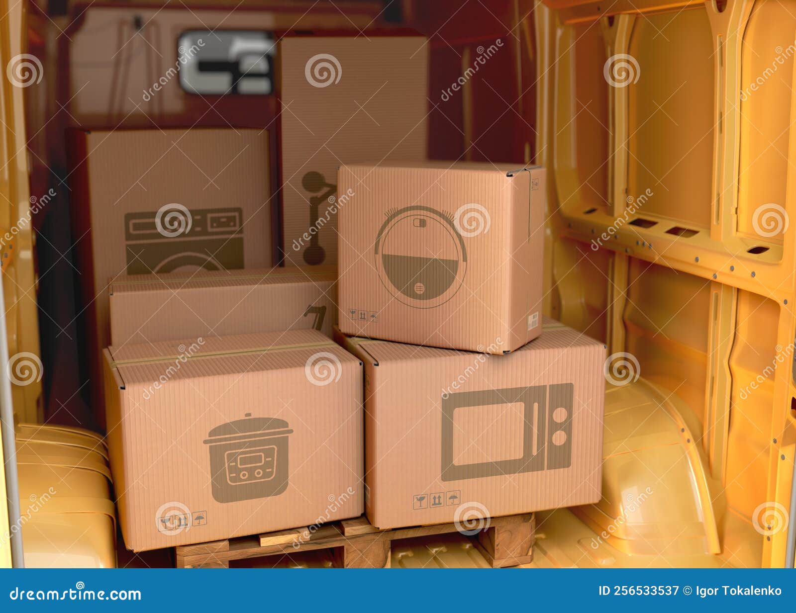 Different Appliance Boxes Set in the Back of a Minibus Delivery Concept ...