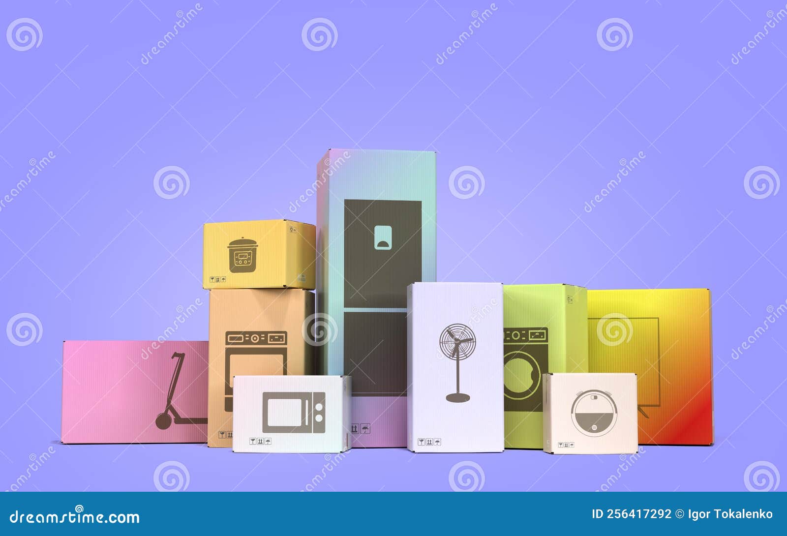 Different Appliance Boxes Set on Ground Delivery Concept 3d ...