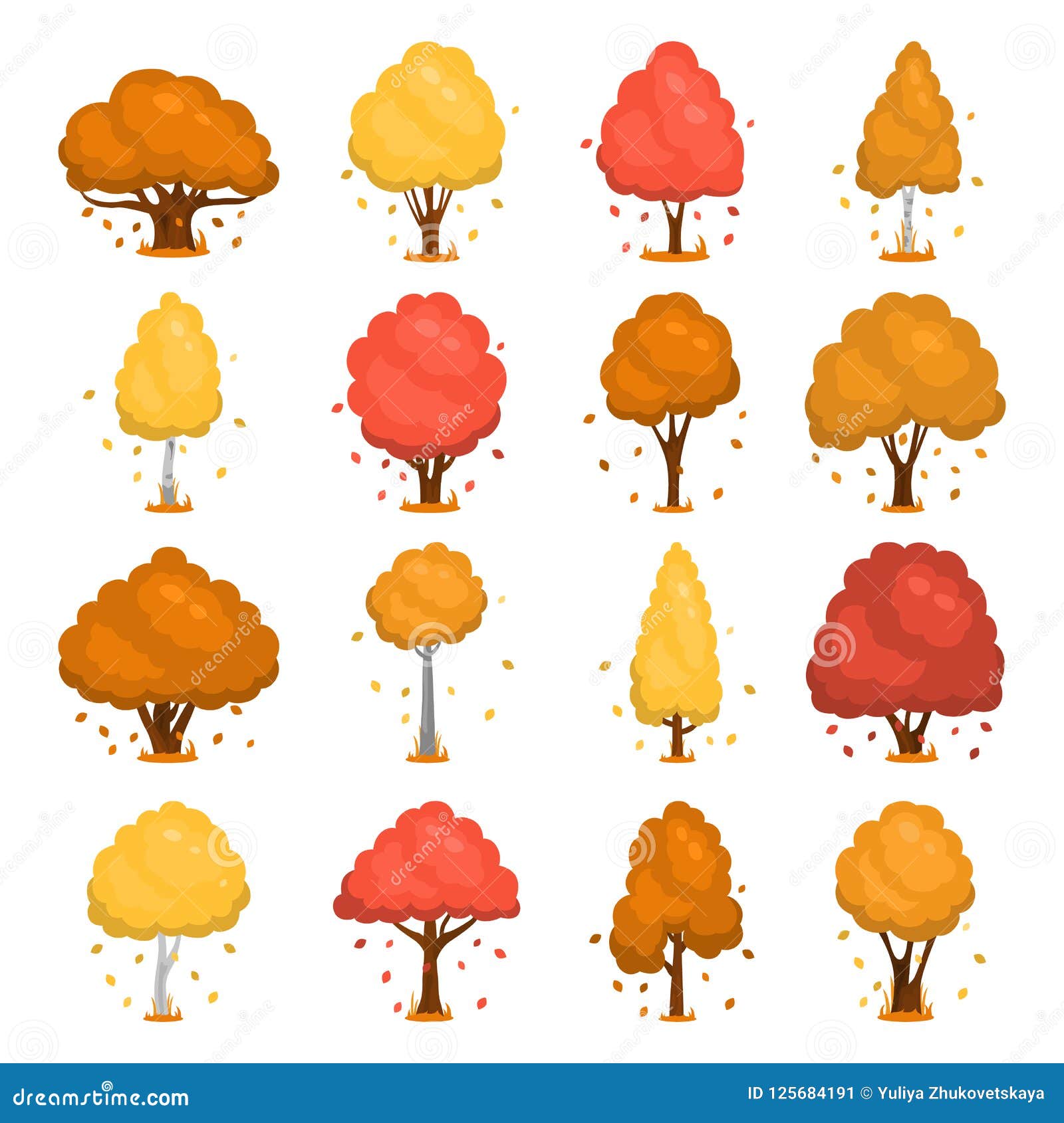 Different Autumn Trees with Falling Leaves Color Flat Icons Set Stock ...