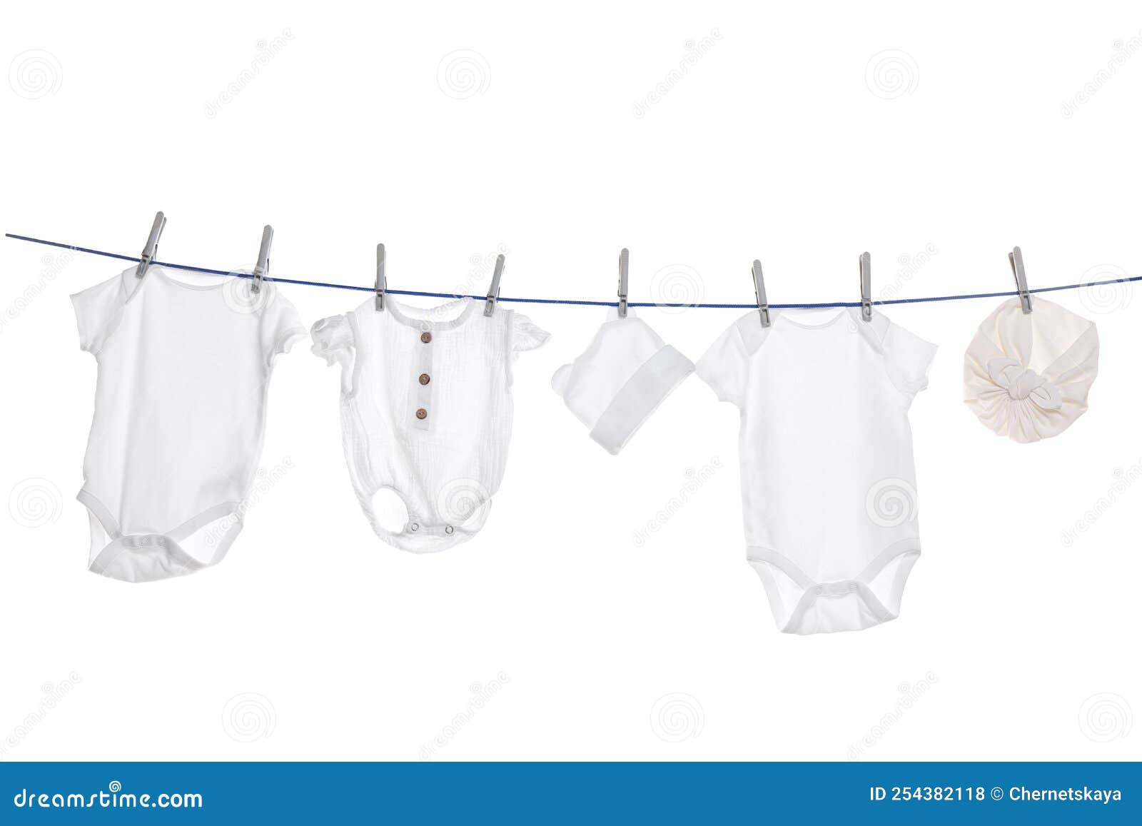 Different Baby Clothes Drying on Laundry Line Against White Background ...
