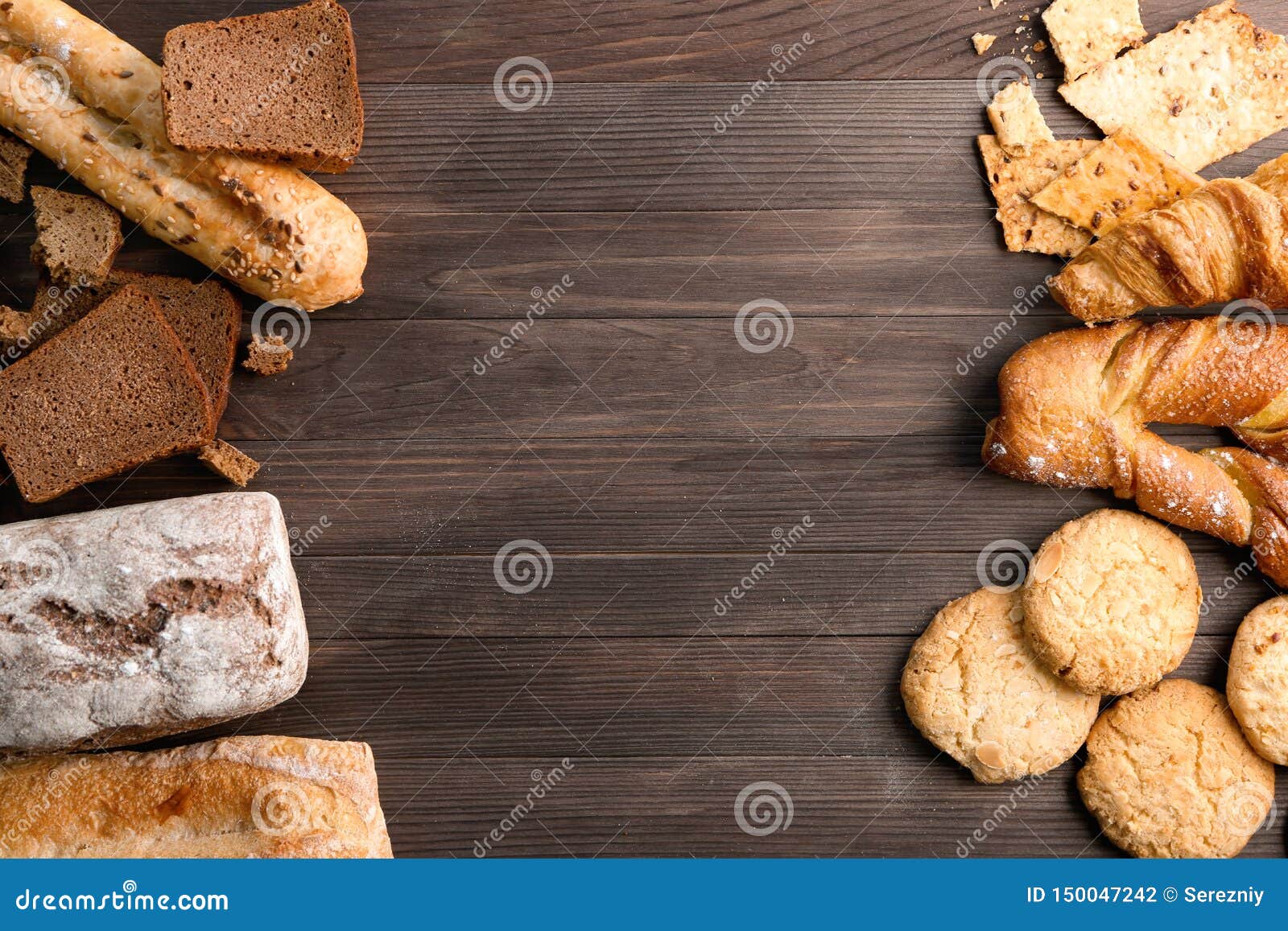 Different Bakery Products on Wooden Background, Top View Stock Photo ...