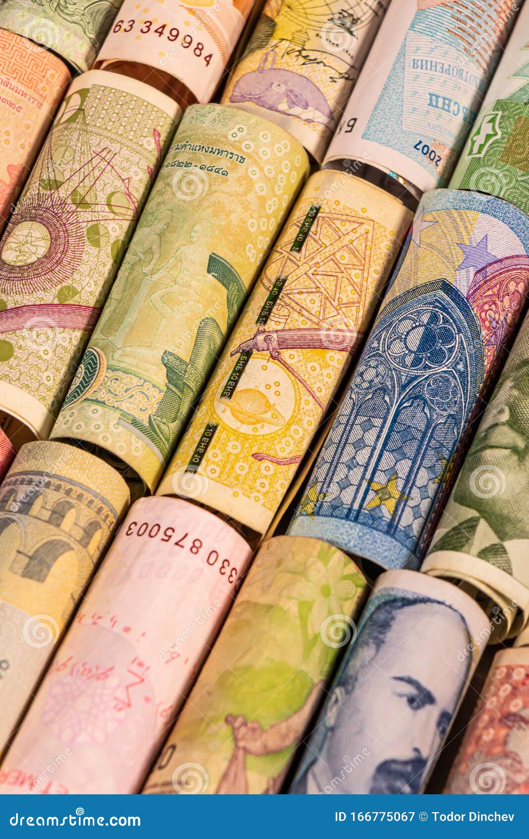 Different Banknotes from Various Countries on Rolls Stock Image - Image ...