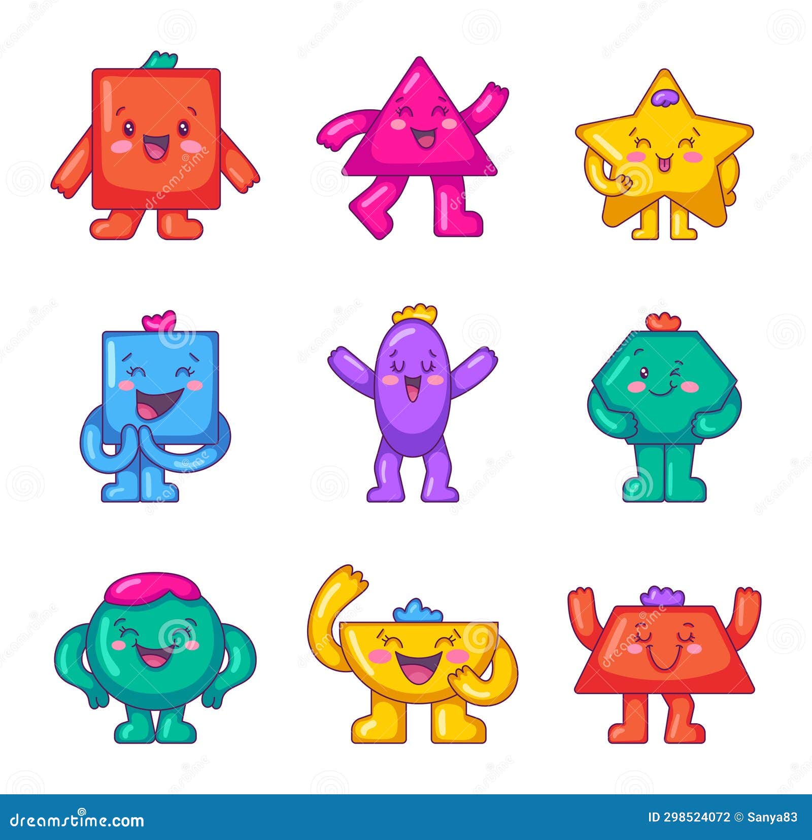 Set Of Different Basic Geometric Shapes With Cute Smiling Face. Cartoon ...