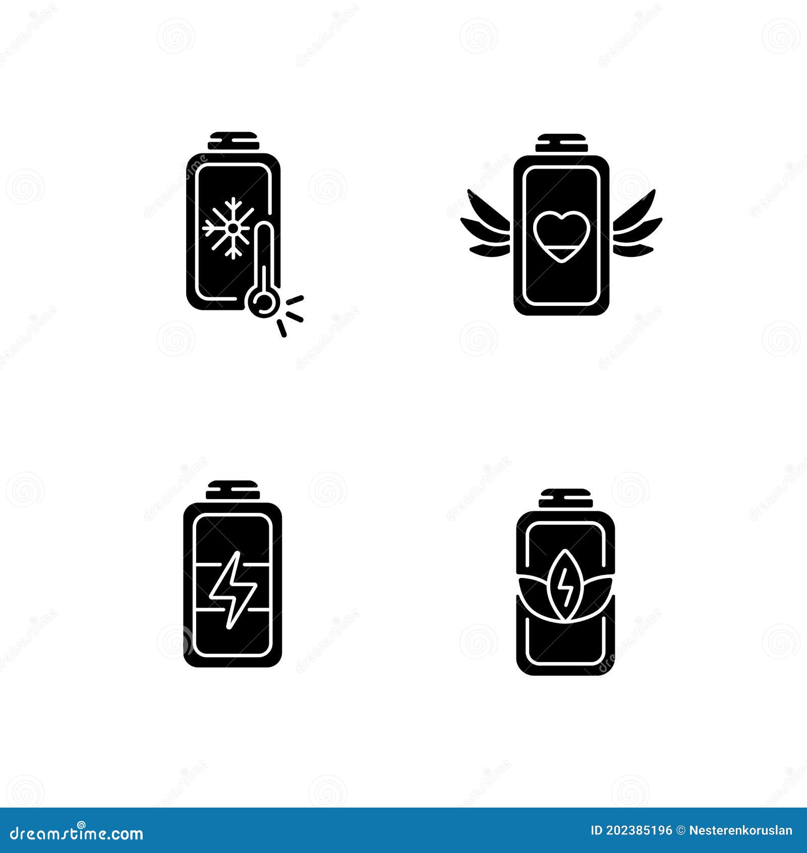 Different Battery Modes Black Glyph Icons Set on White Space Stock ...