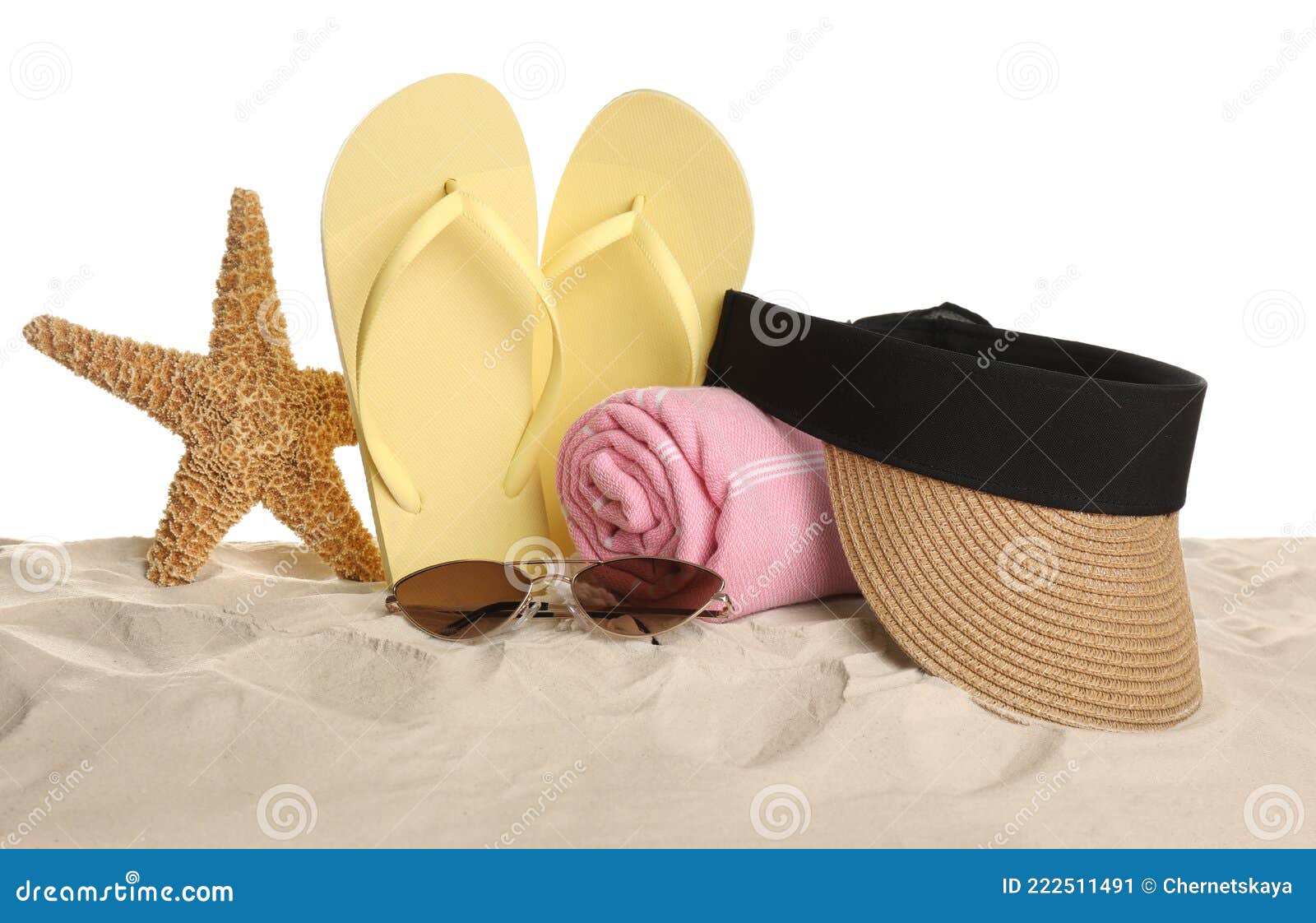 Different Beach Objects on Sand Against White Background Stock Image ...