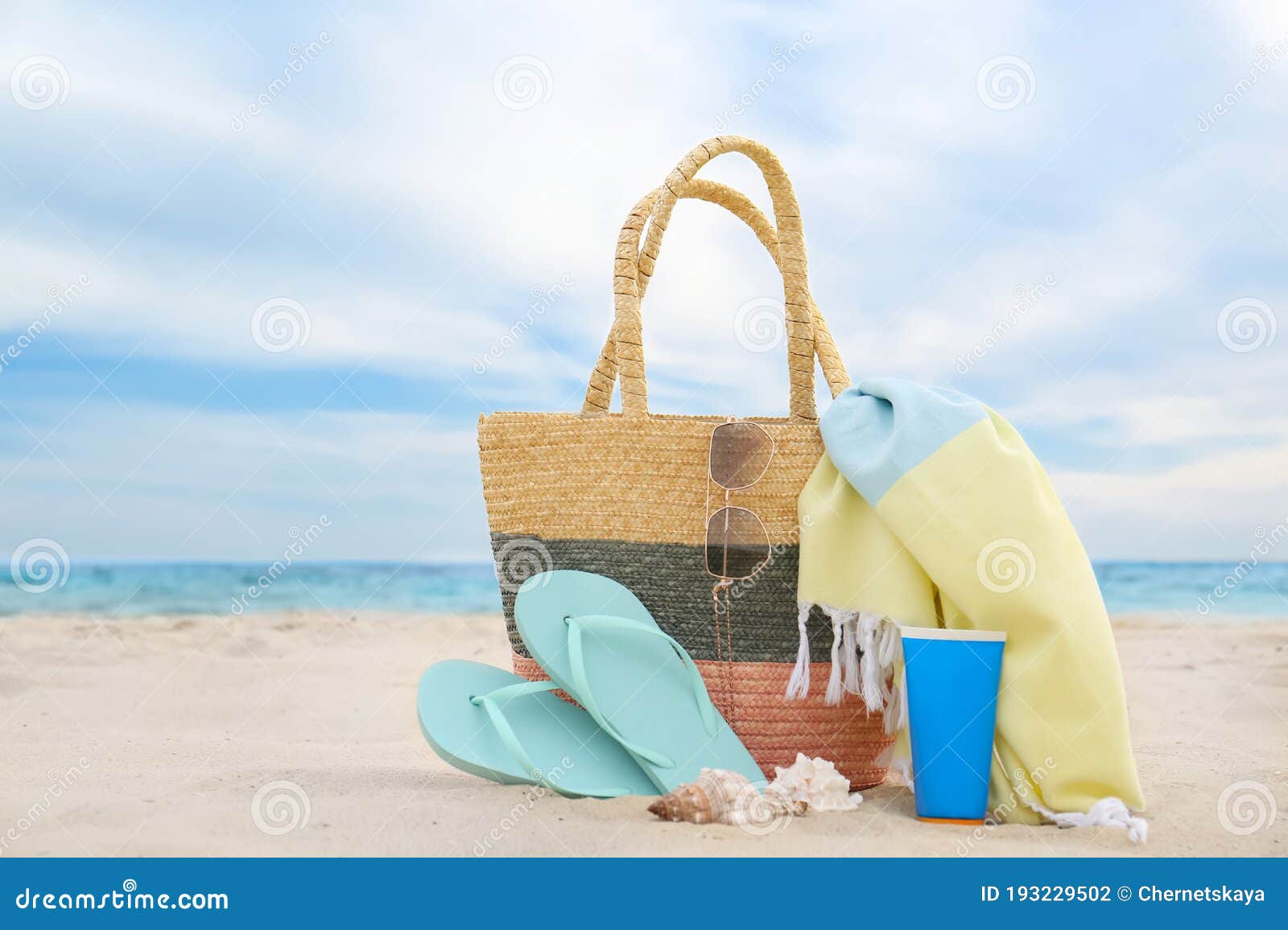 Different Beach Objects and Seashells on Sand Near Sea Stock Photo ...