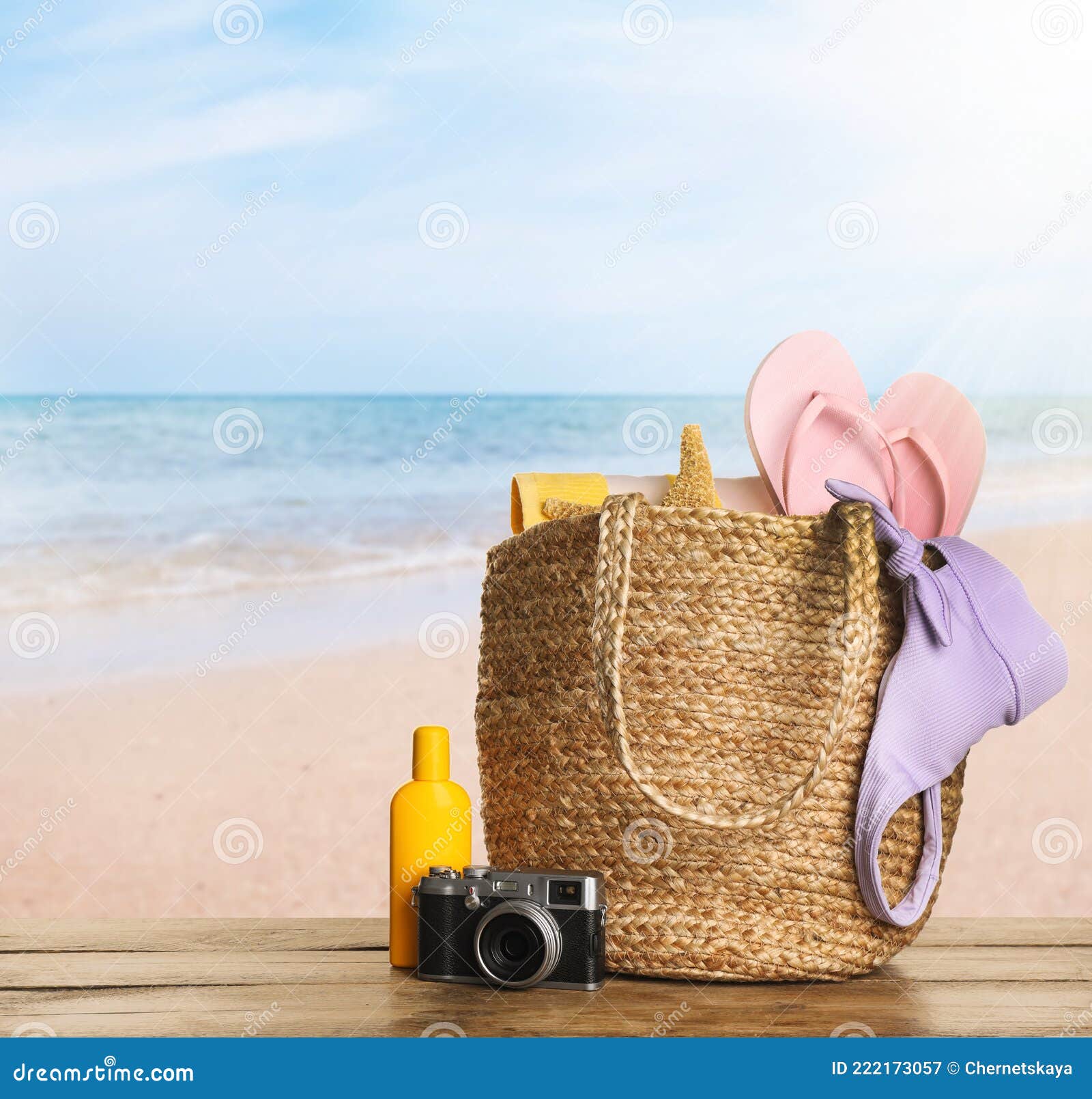 Different Beach Objects on Wooden Surface Near Sea Stock Image - Image ...
