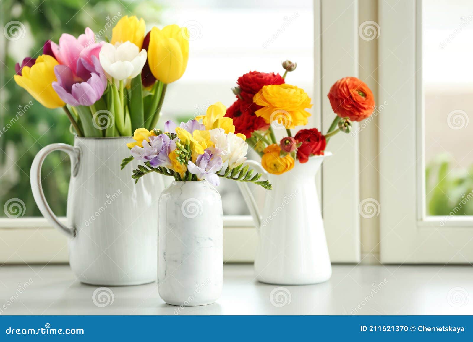 Different Beautiful Spring Flowers on Window Sill Stock Photo - Image ...