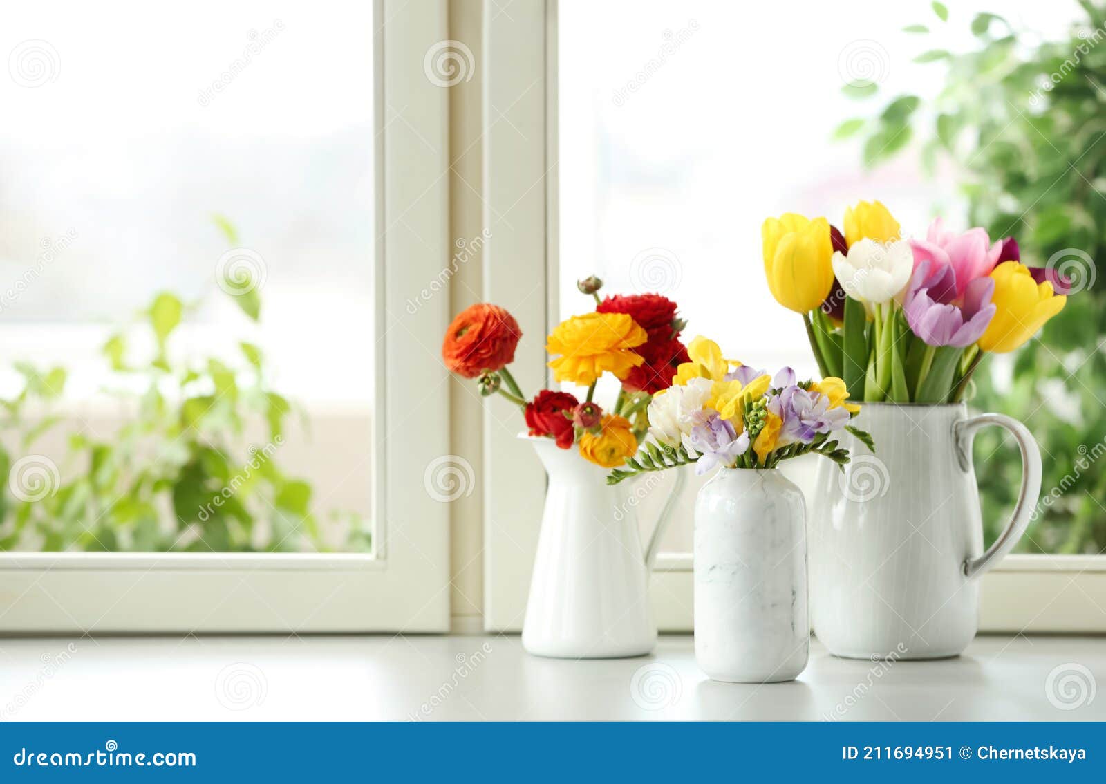 Different Beautiful Spring Flowers on Window Sill. Space for Text Stock ...