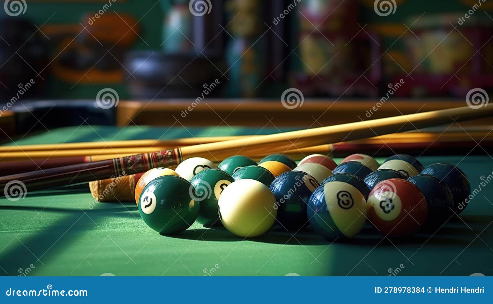 Different Billiard Balls with Cue and Rack on Green Table. Gener Stock ...