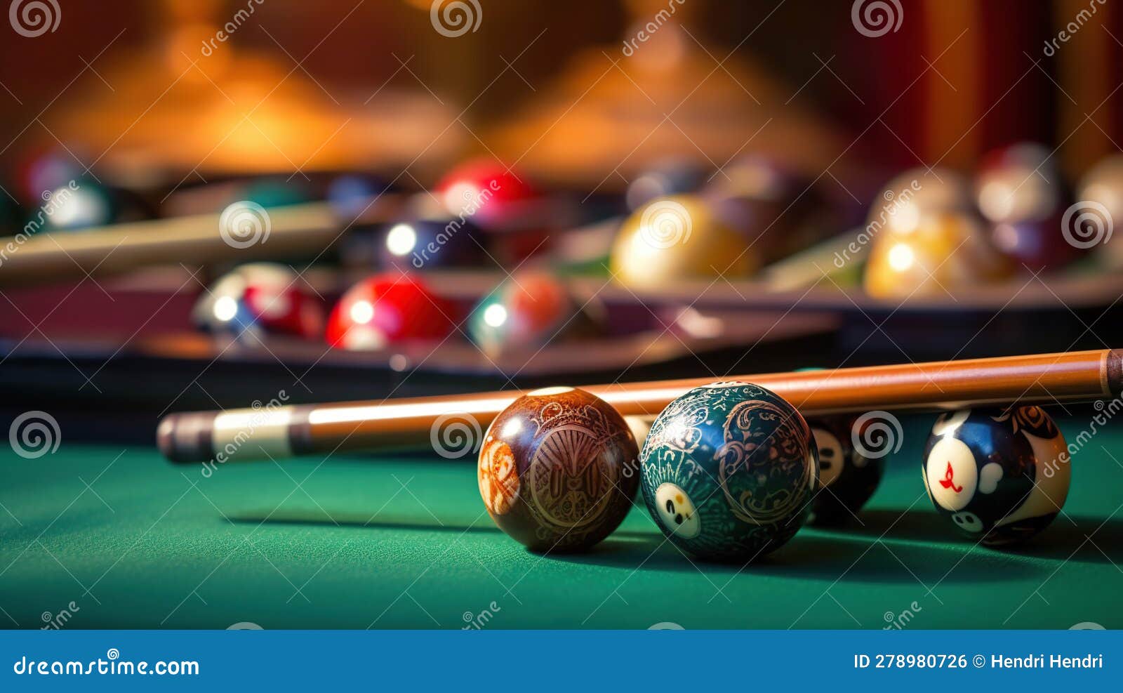 Different Billiard Balls with Cue and Rack on Green Table. Gener Stock ...