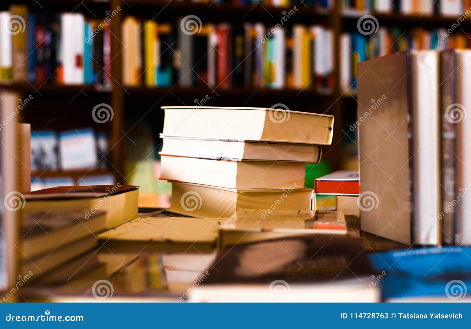 Different Books Lying on Table in Library Stock Image - Image of book ...