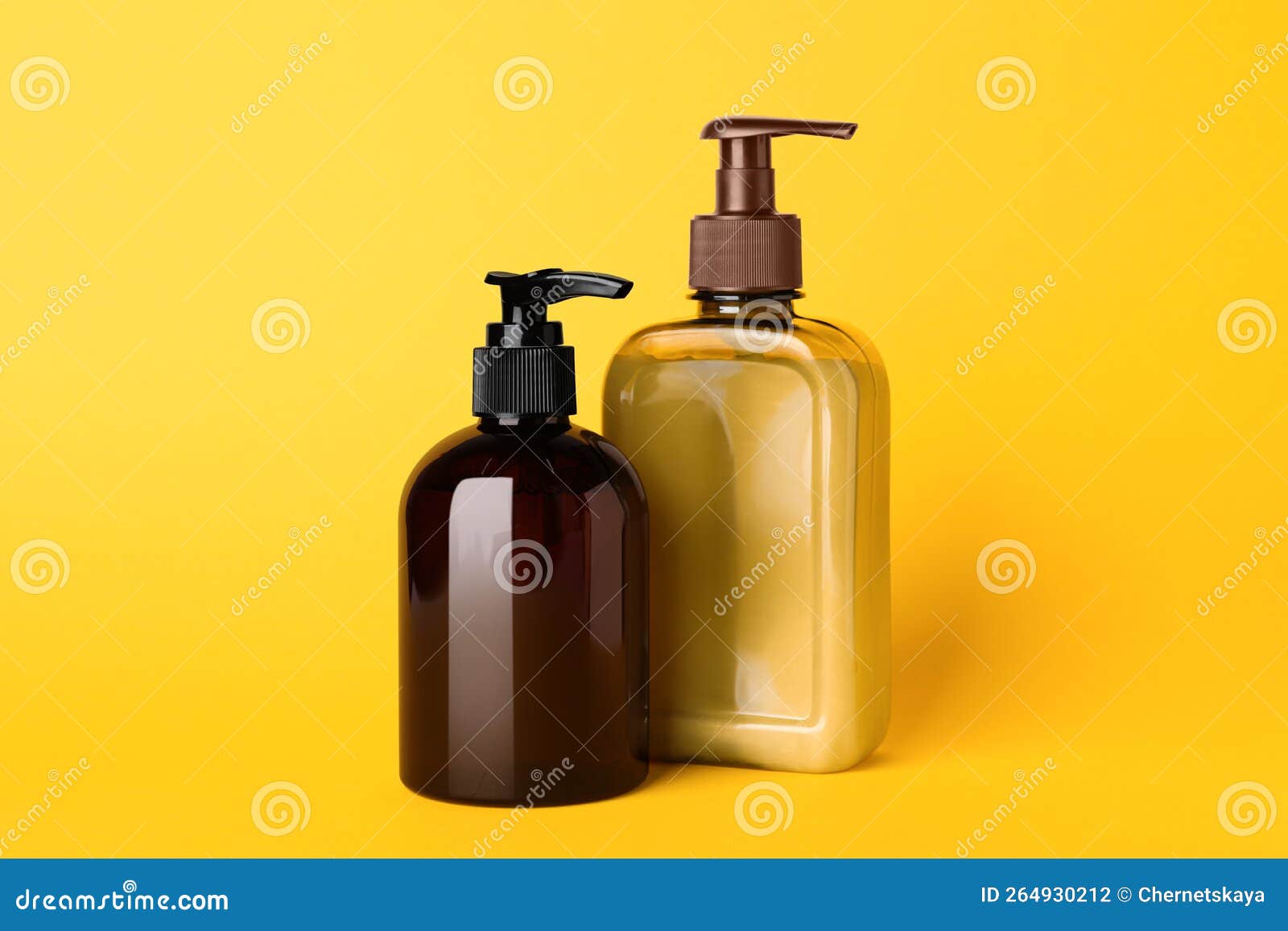 Different Bottles of Shampoo on Yellow Background Stock Photo - Image ...