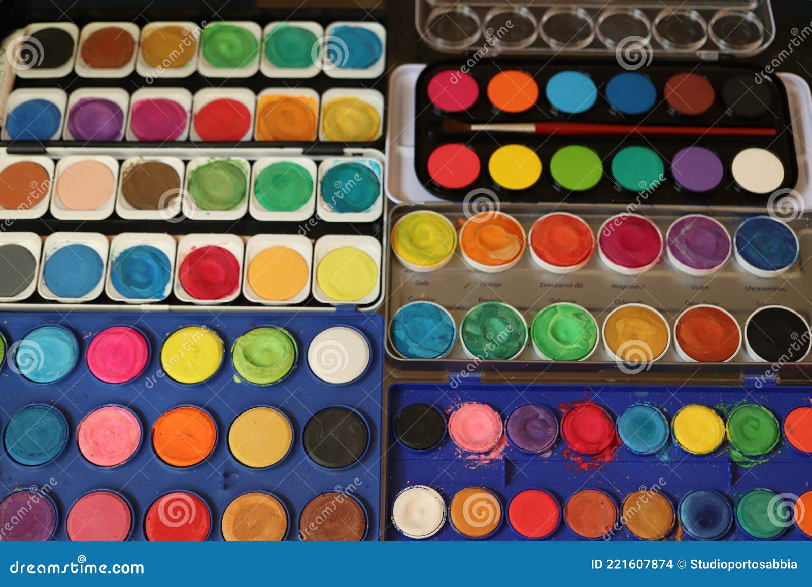Watercolor Paintboxes in Studio Stock Photo - Image of studio ...